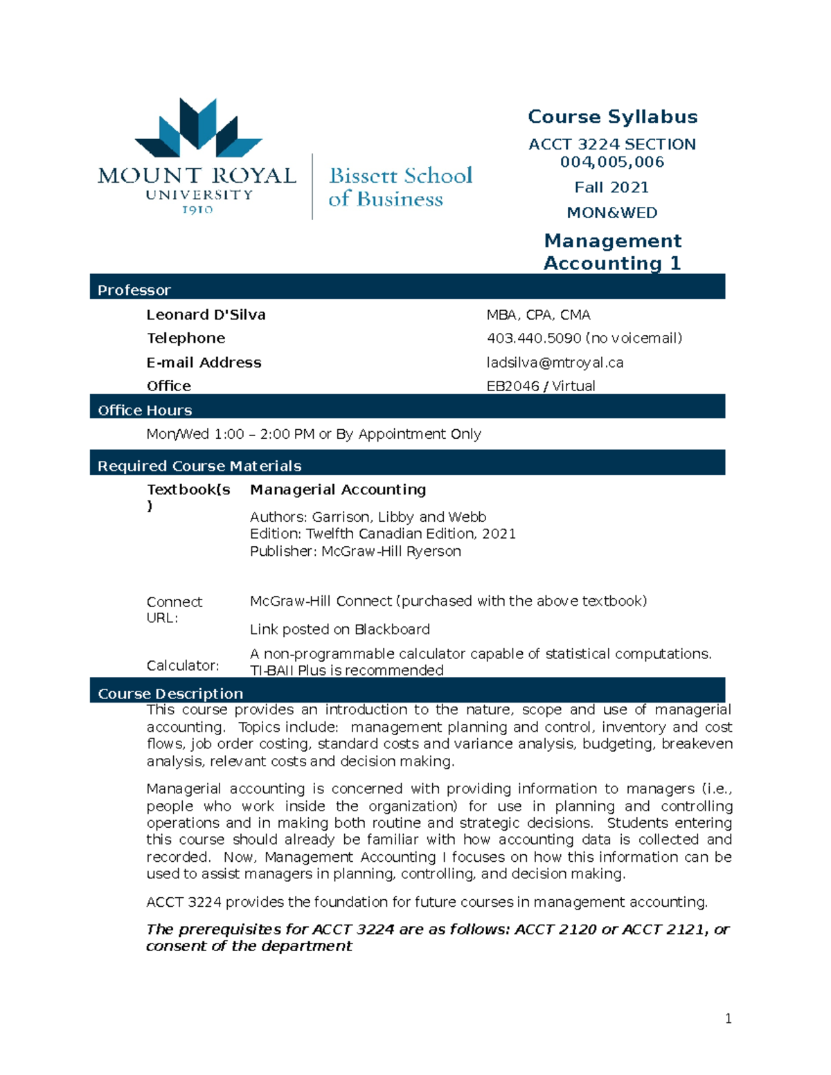 ACCT 3224 Management Accounting I Course Outline - Fall 2021 - Studocu