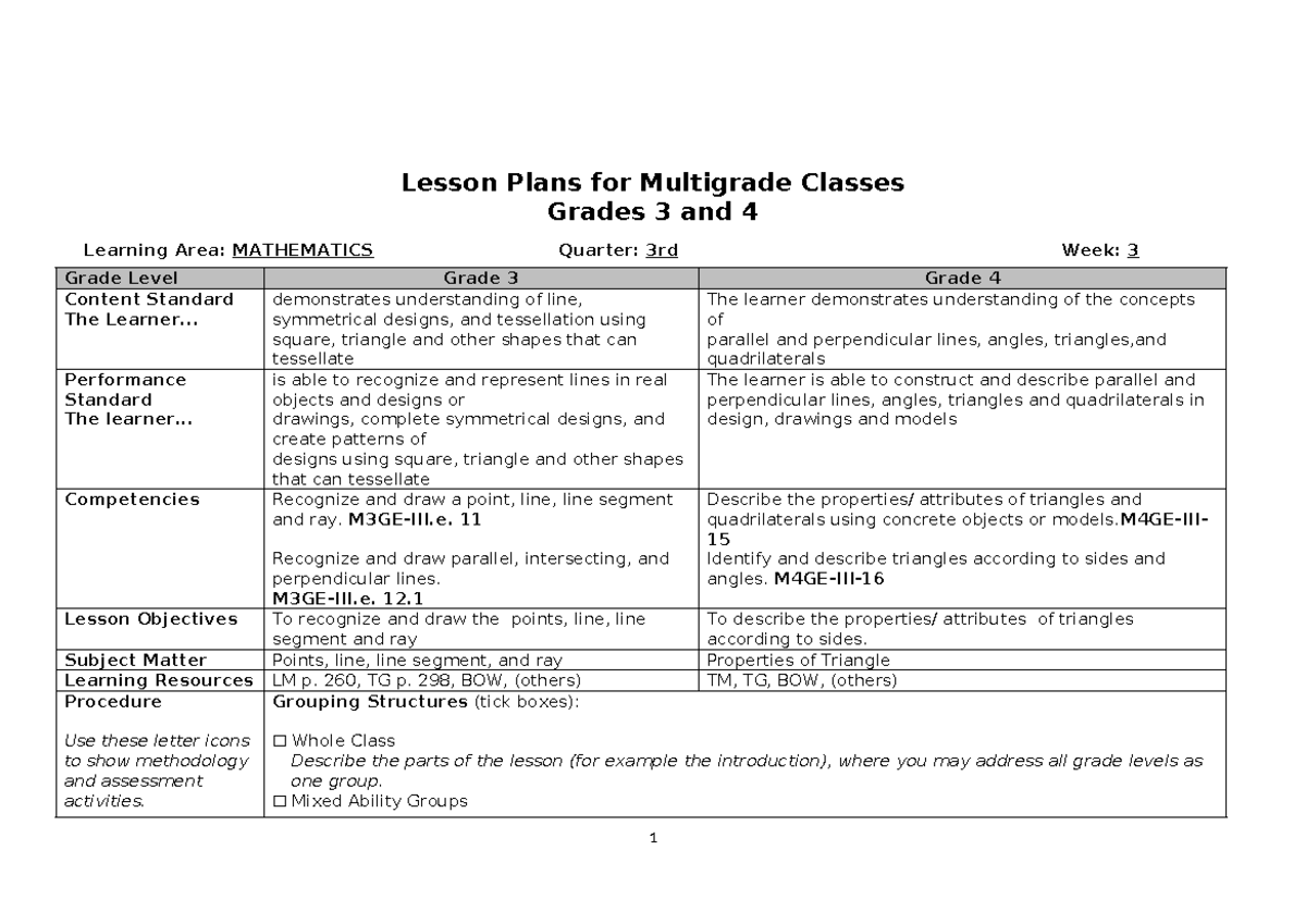 Mathematics 34 Lesson Plans for Grades 3 & 4 - Quarter 3, Week 3 - Studocu