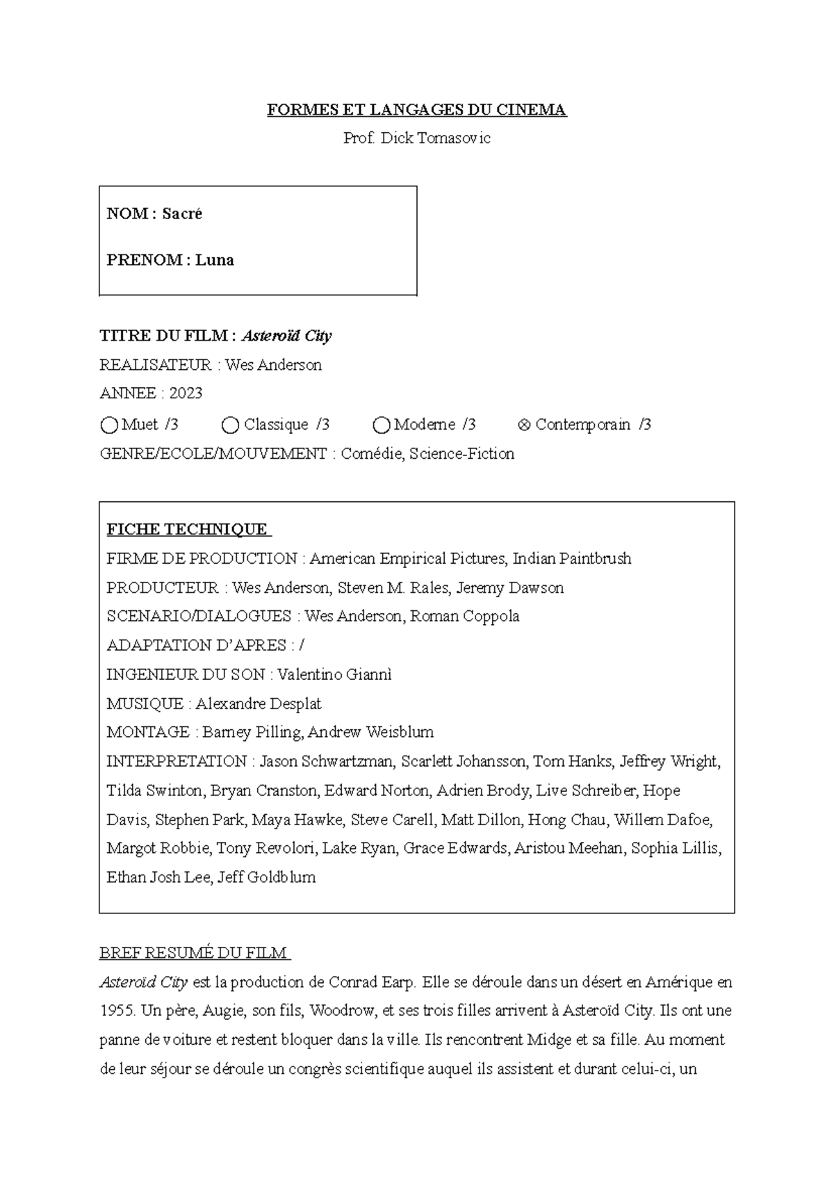 Asteroid City - Fiche de Film pour le Cours de Cinéma - Studocu