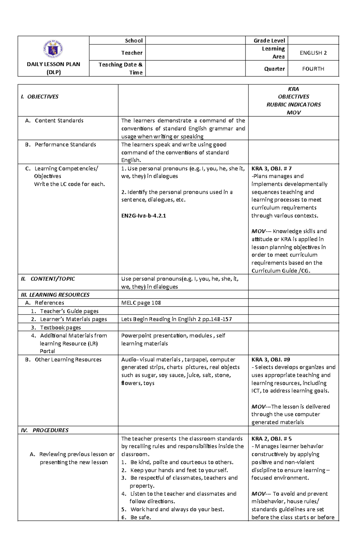 English DLP KRA Objectives for Grade 2 - Fourth Quarter - Studocu