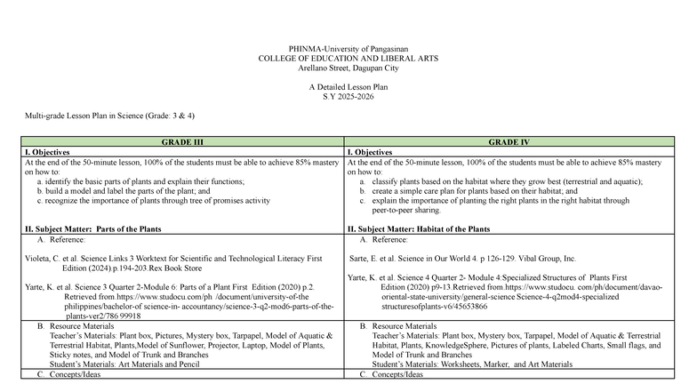 Detailed Lesson Plan in Science (Grade 3 & 4) - Parts & Habitats of ...