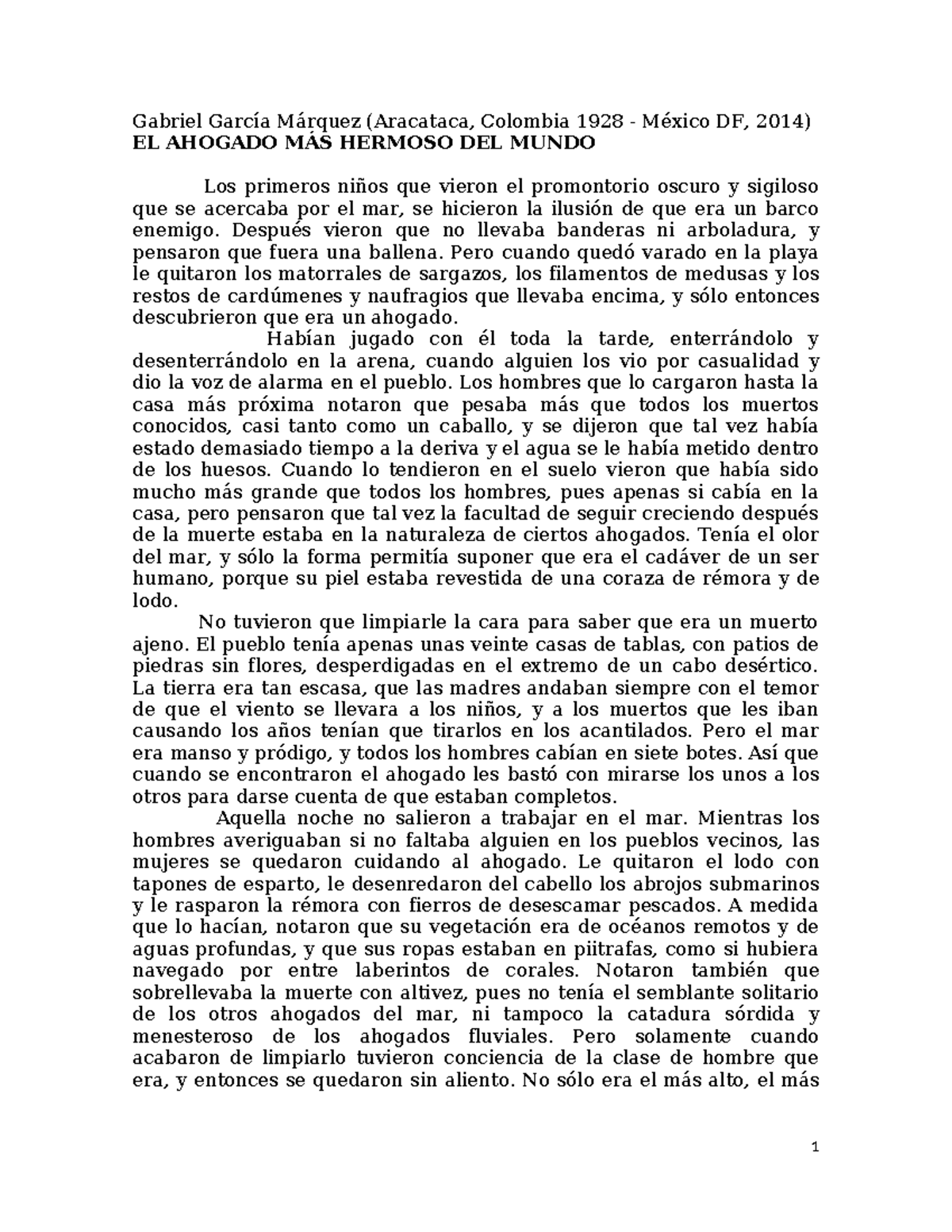 Gabriel García Márquez: Análisis de "El ahogado más hermoso del mundo ...