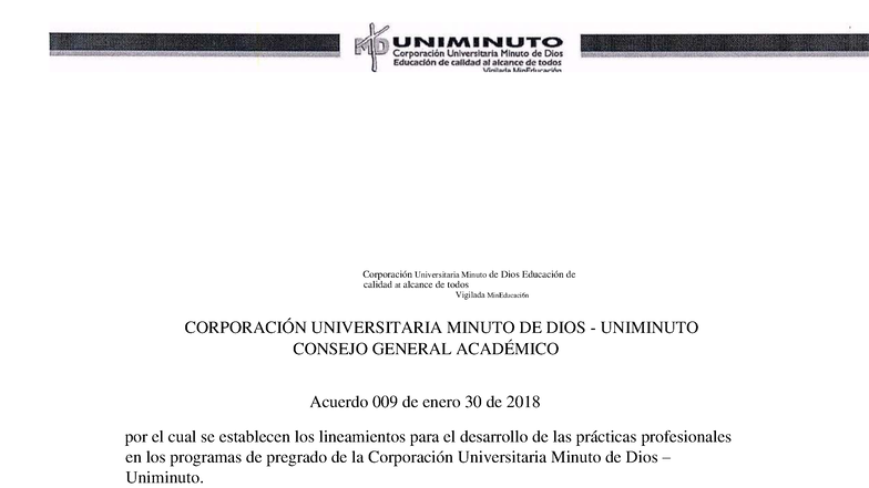 Lineamientos para Práctica Profesional - Acuerdo 009 de 2018 UNIMINUTO ...