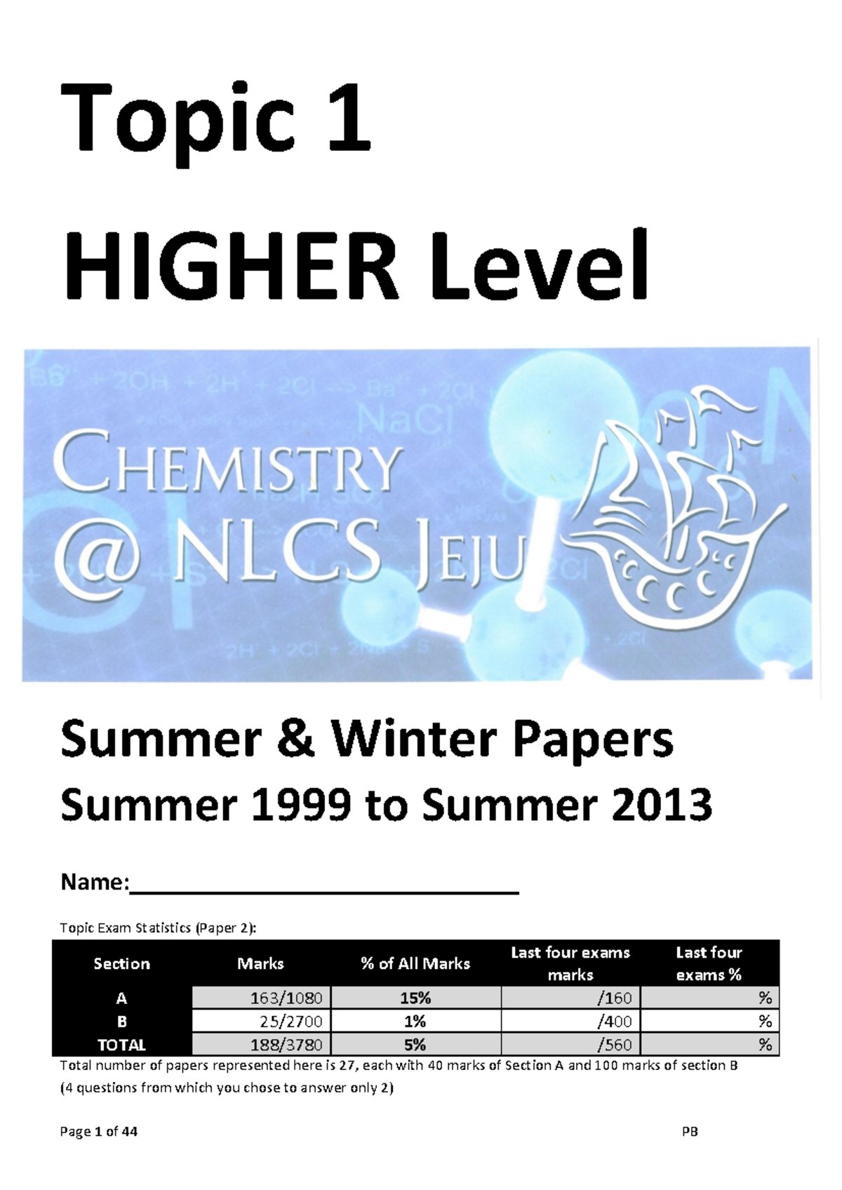 IB Chemistry HL Topic 1: Stoichiometric Relationships Exam Stats (P2 ...