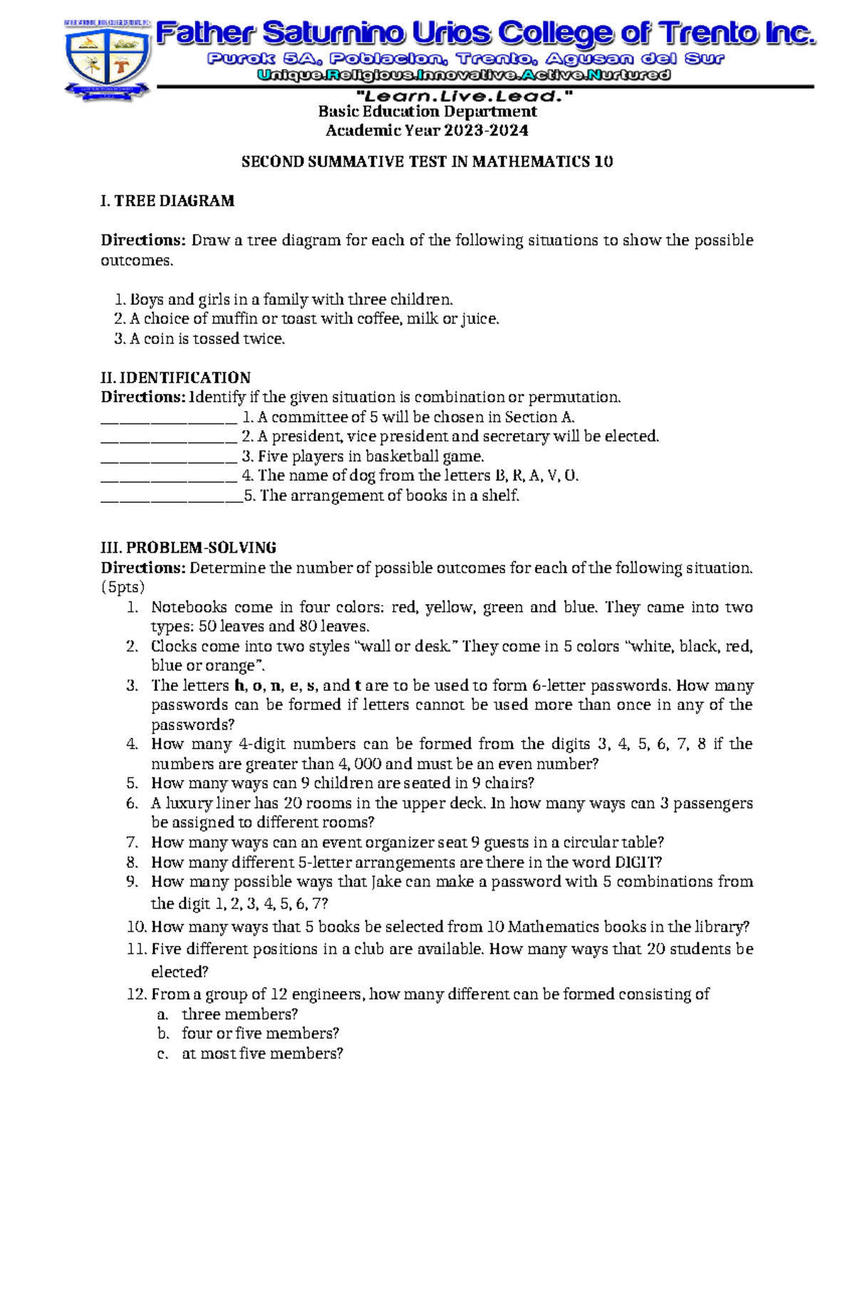 Math 10 Second Summative Test: Tree Diagrams & Problem Solving - Studocu