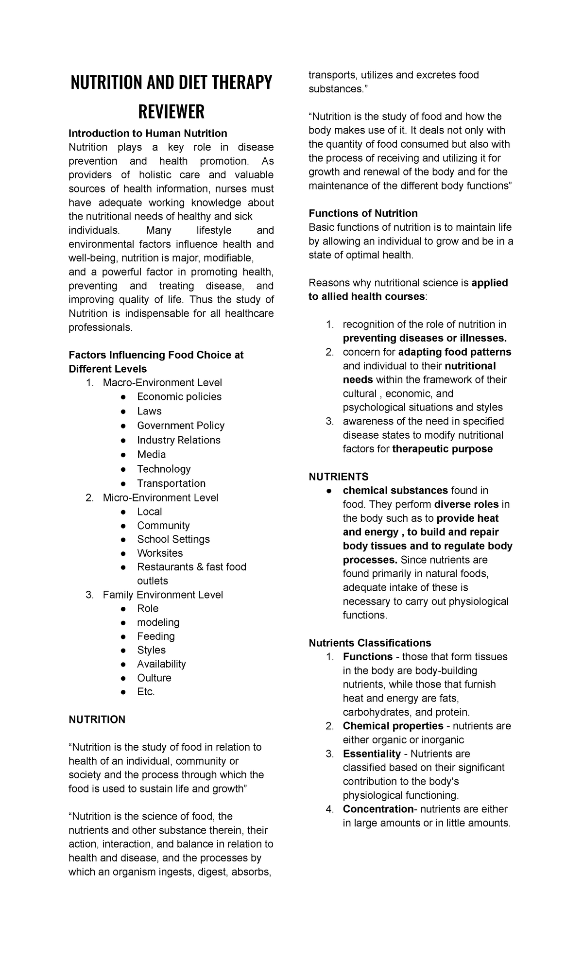 Nutrition and Diet Therapy Reviewer: Key Concepts and Guidelines - Studocu