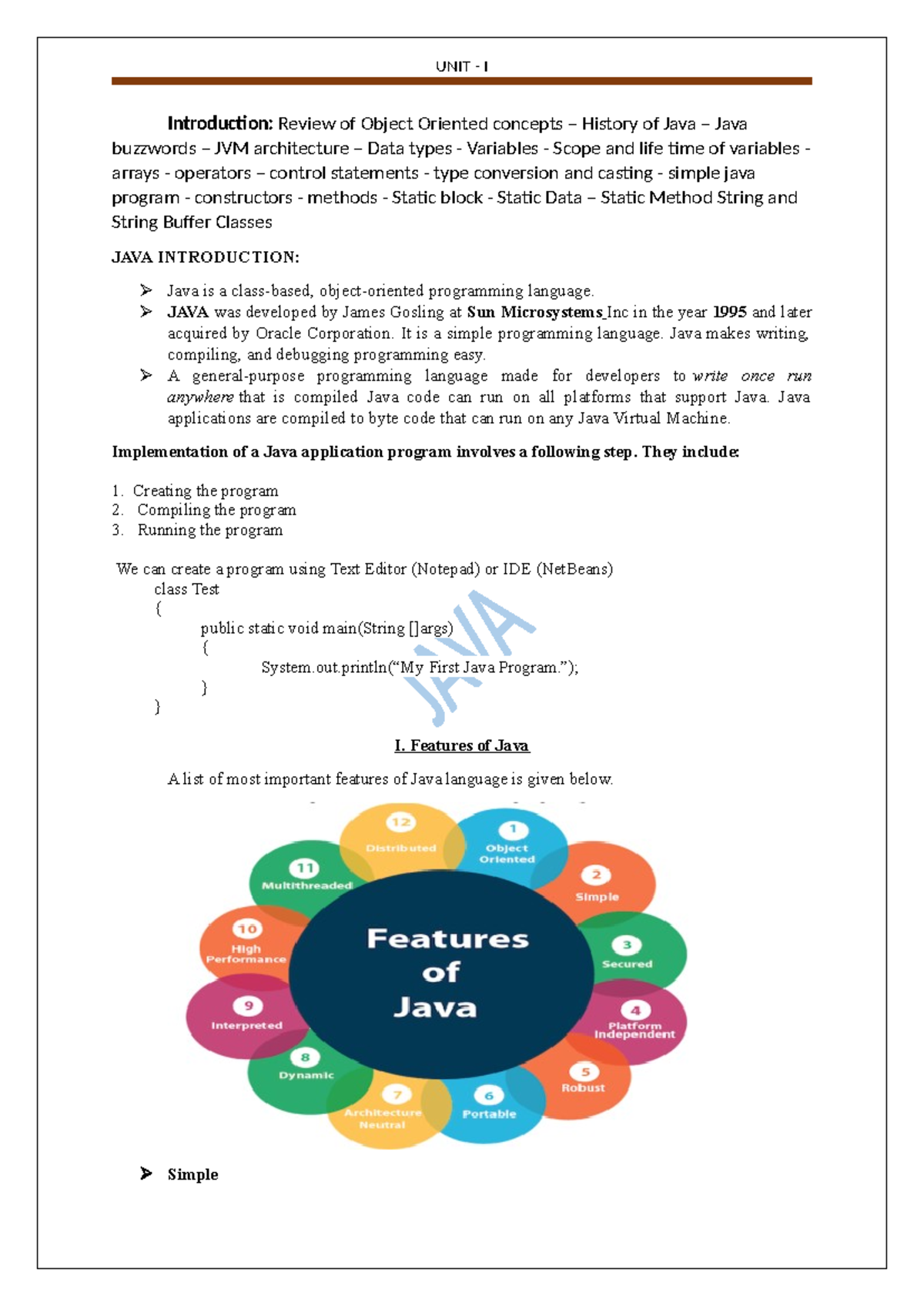 Java Programming Concepts: Unit I Overview and Key Features - Studocu