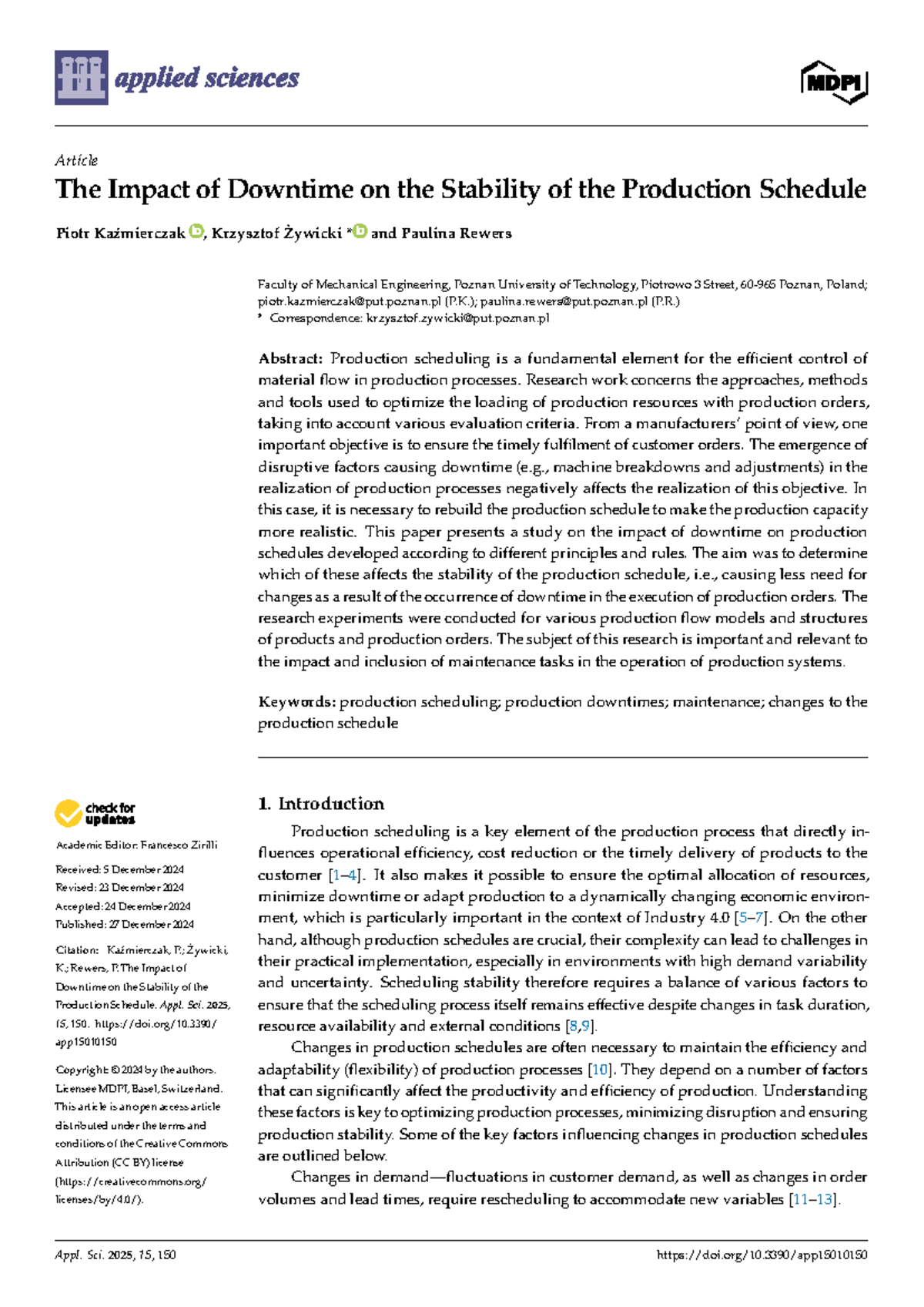 The Impact of Downtime on Production Schedule Stability (Appl. Sci ...
