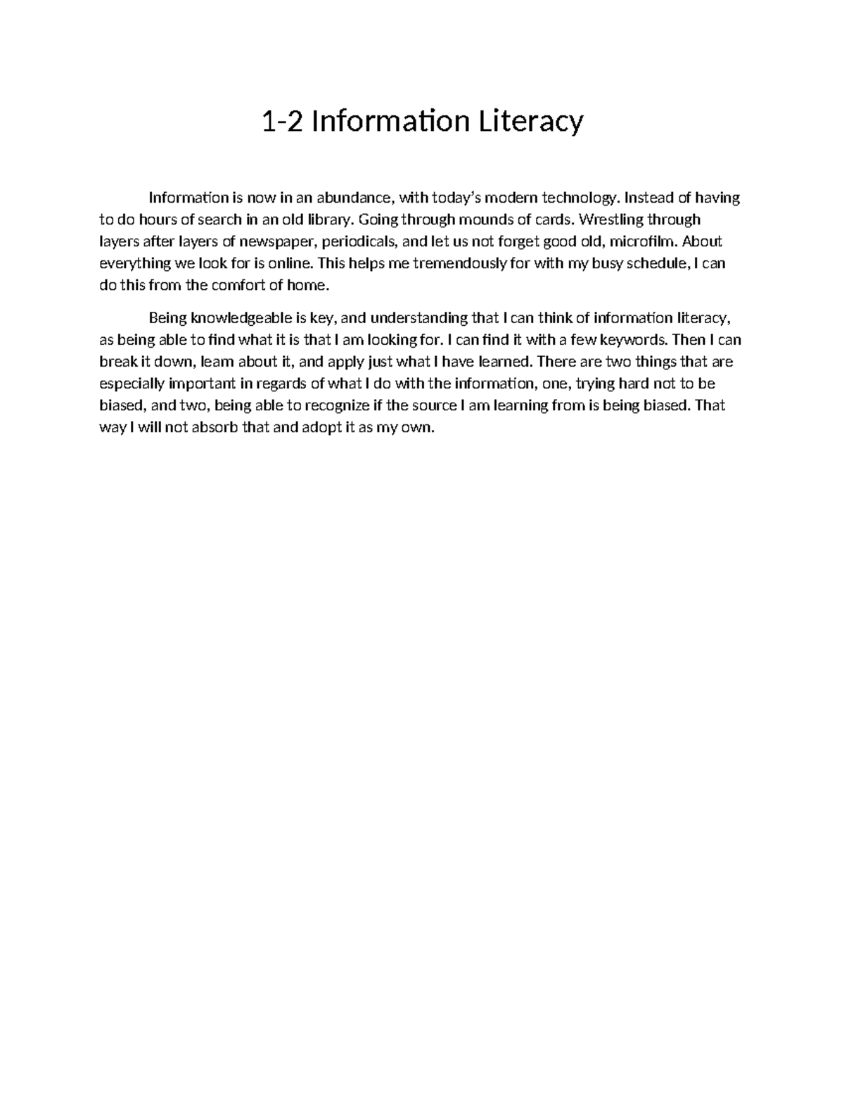 1-1 Short Answer Information Literacy - 1-2 Information Literacy ...