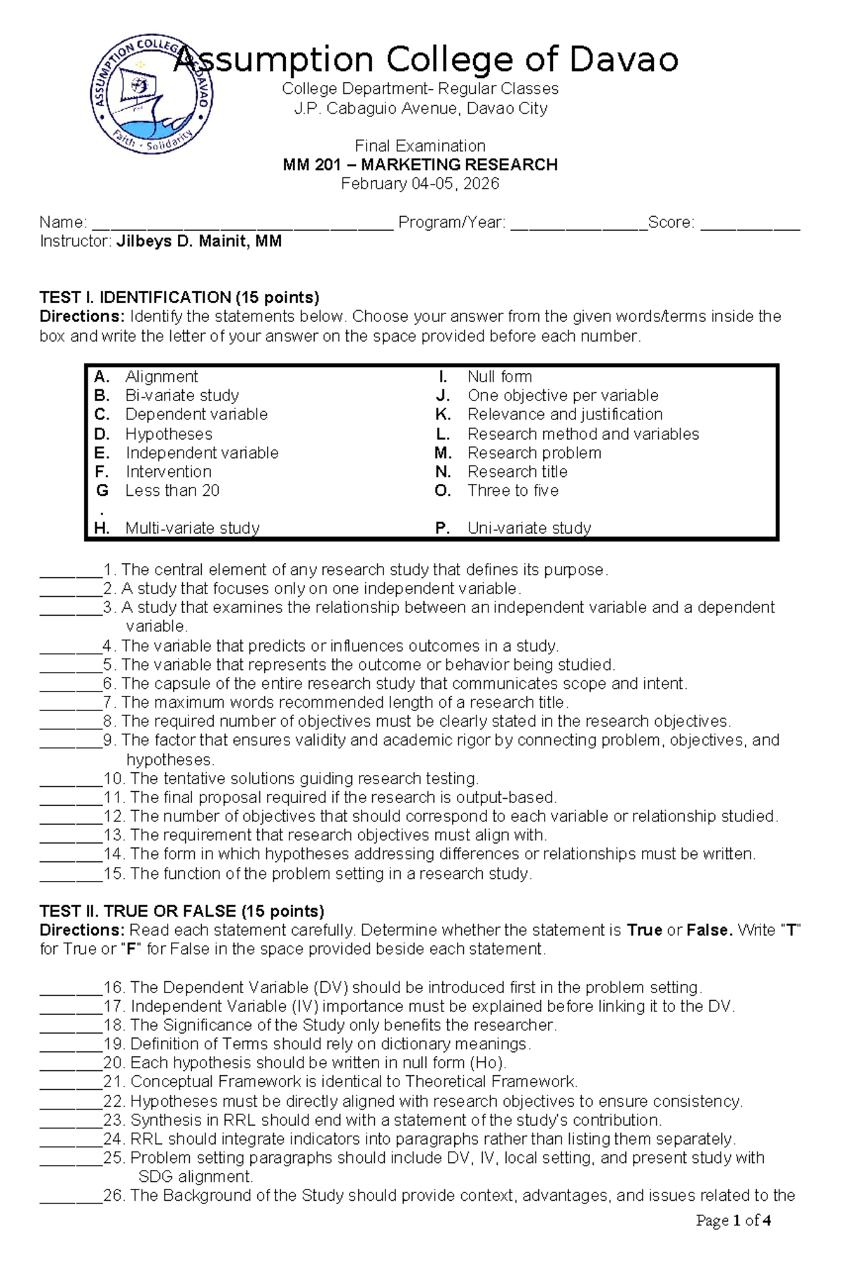 TQ JDM MM201 Final Exam: Marketing Research Assessment Guide - Studocu