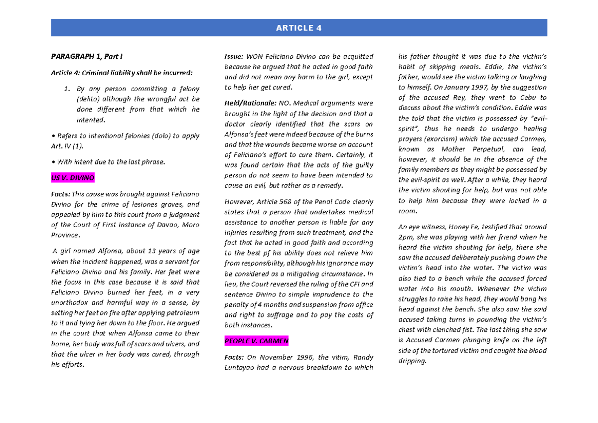 ART4 Case Digests & Notes on Article 4 of RPC: Criminal Liability ...