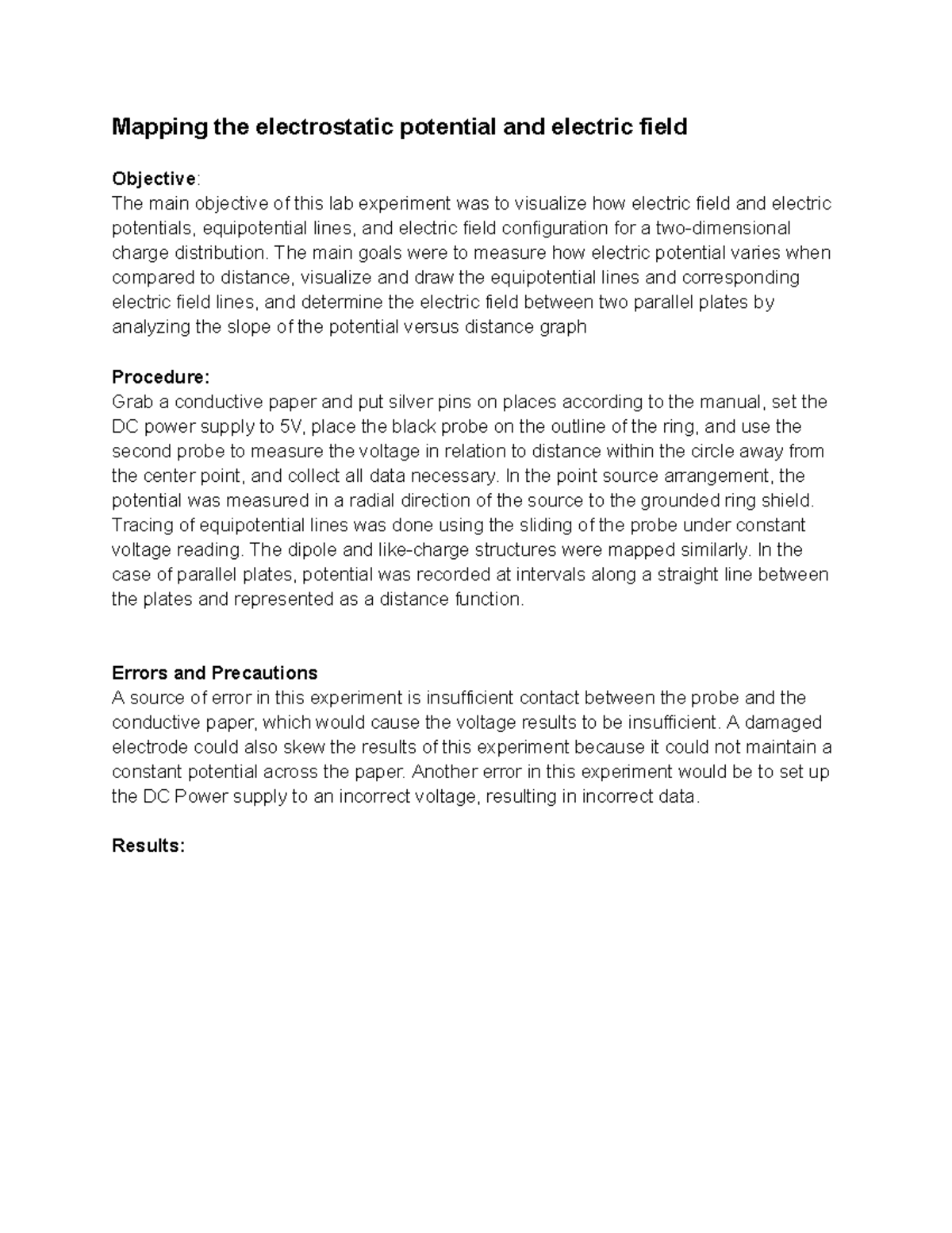 Lab 2: Mapping Electric Field & Potential in Physics II Experiment ...