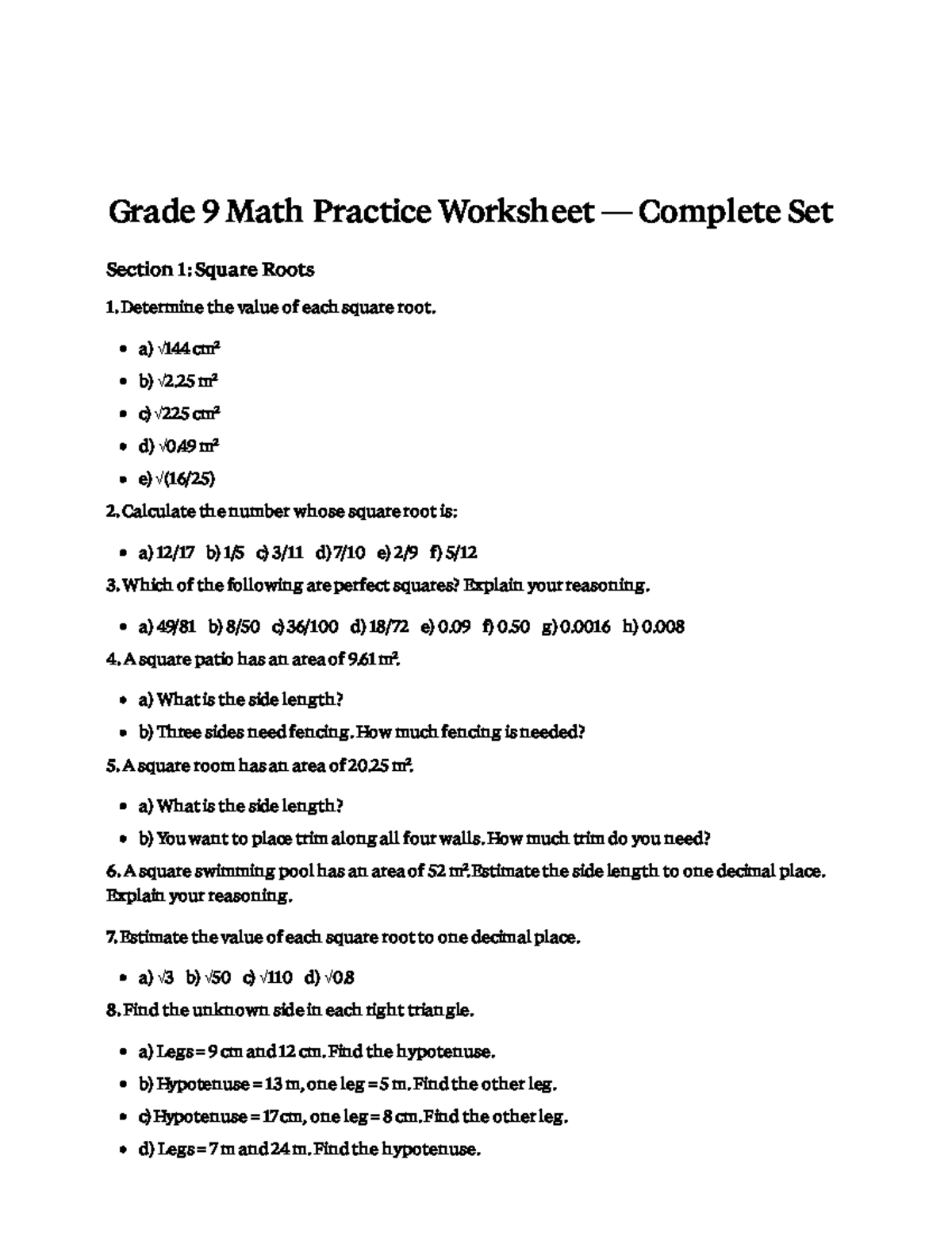 MTH1W Grade 9 Math Practice Worksheet: Square Roots & Powers - Studocu