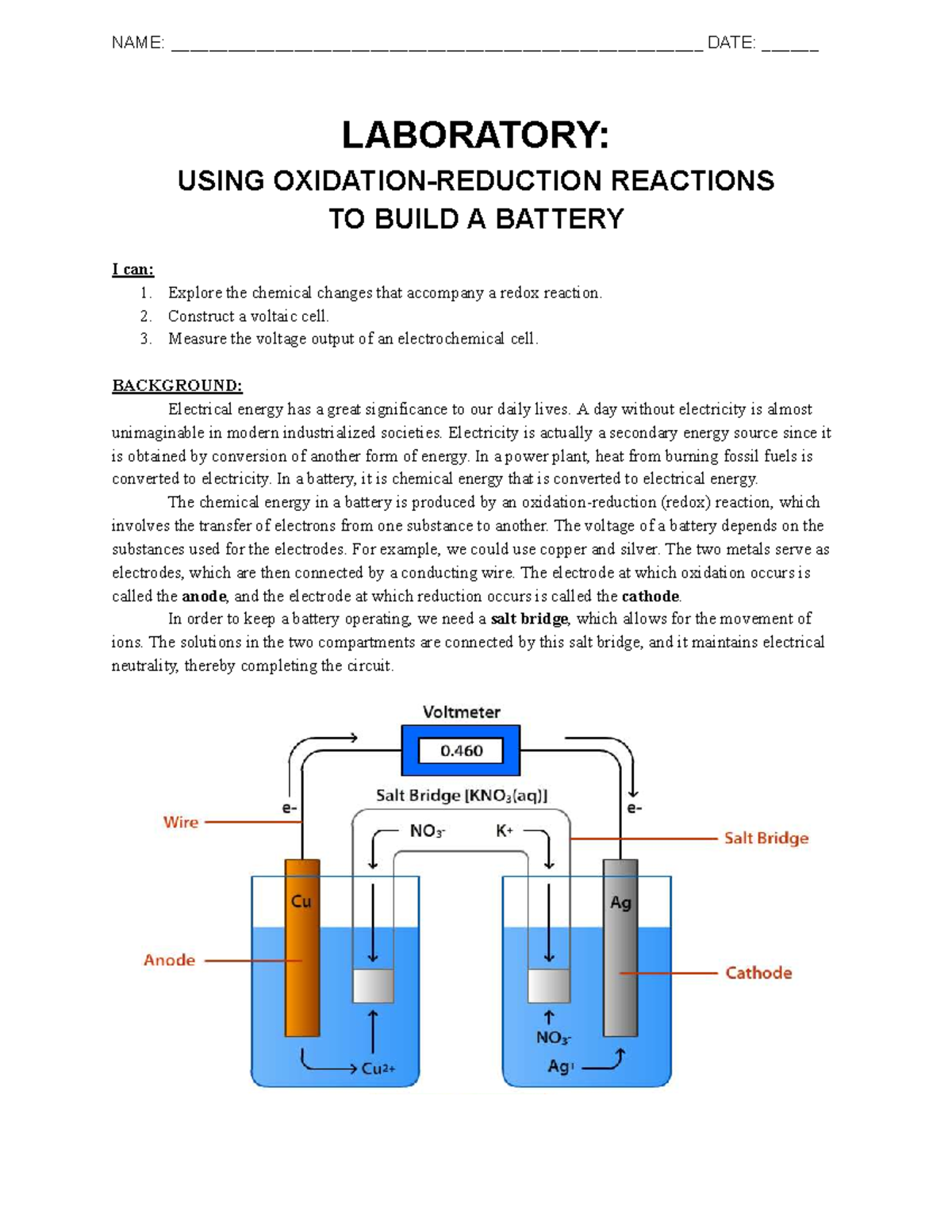 Lab Report: Redox Reactions & Battery Construction (CHEM 101) - Studocu