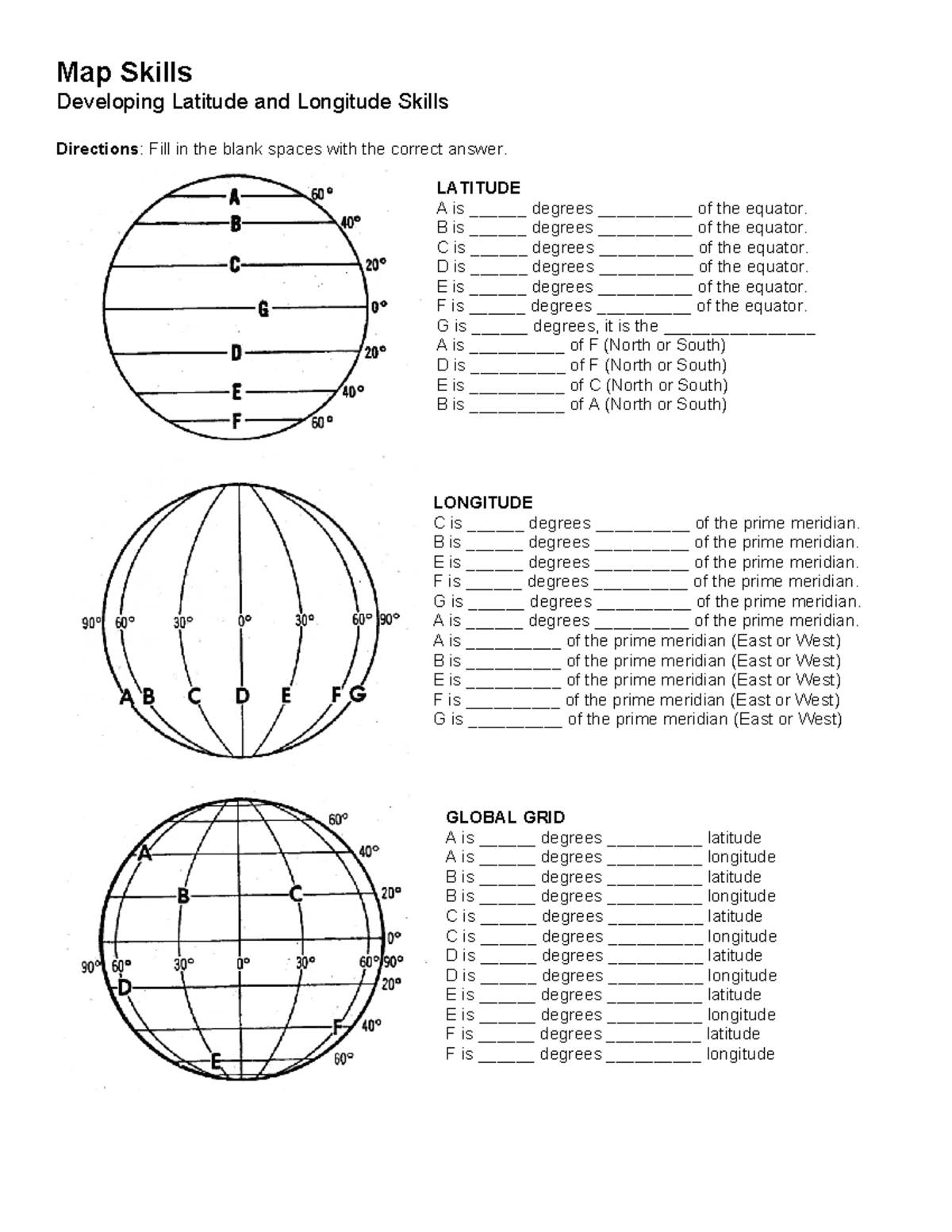 Map Skills Assignment - Map Skills Developing Latitude and Longitude ...