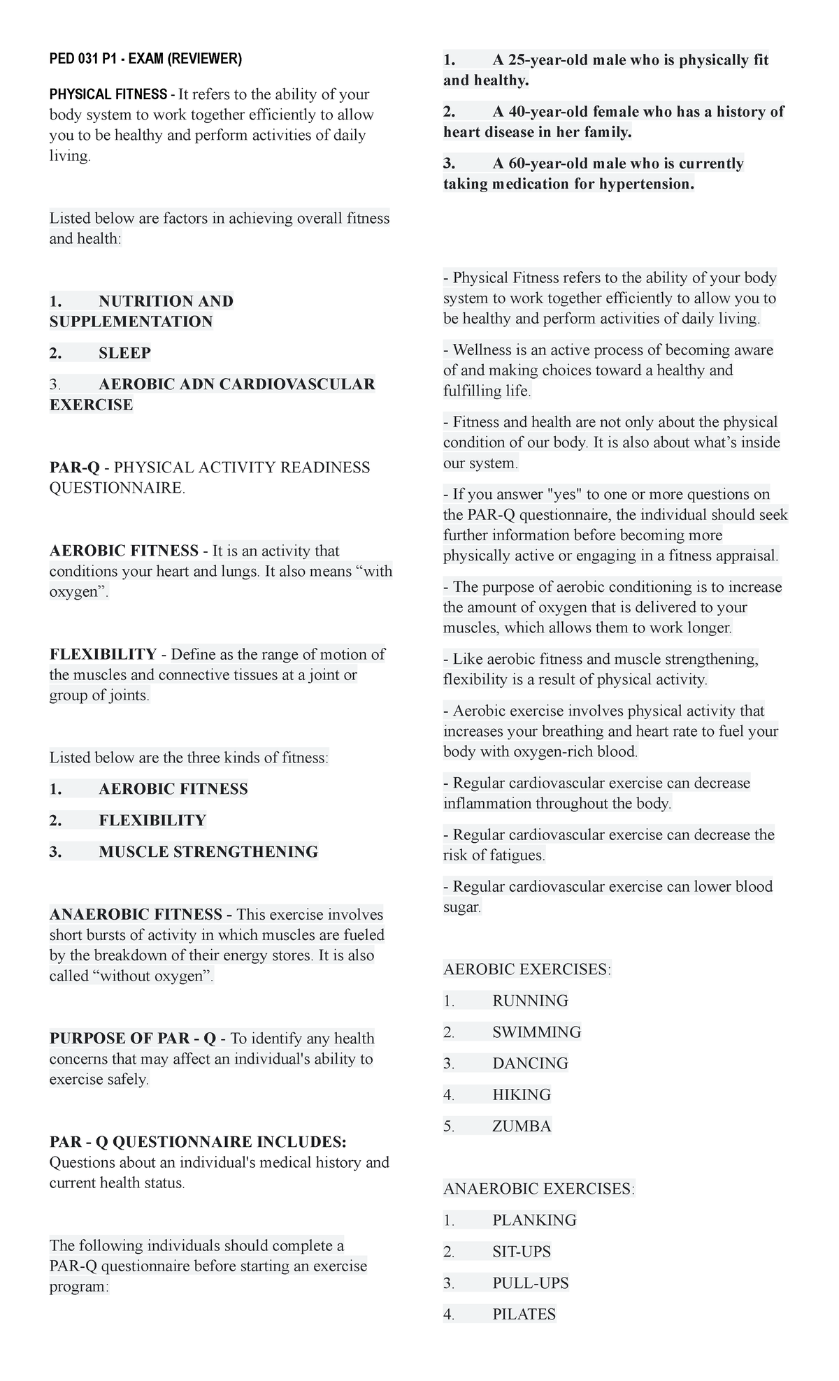 PED 031 P1 - EXAM Reviewer on Physical Fitness and Health - Studocu