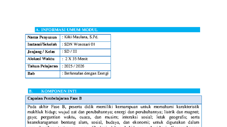 Modul Ajar IPAS Kelas 3 Semester 1: Berkenalan dengan Energi - Studocu