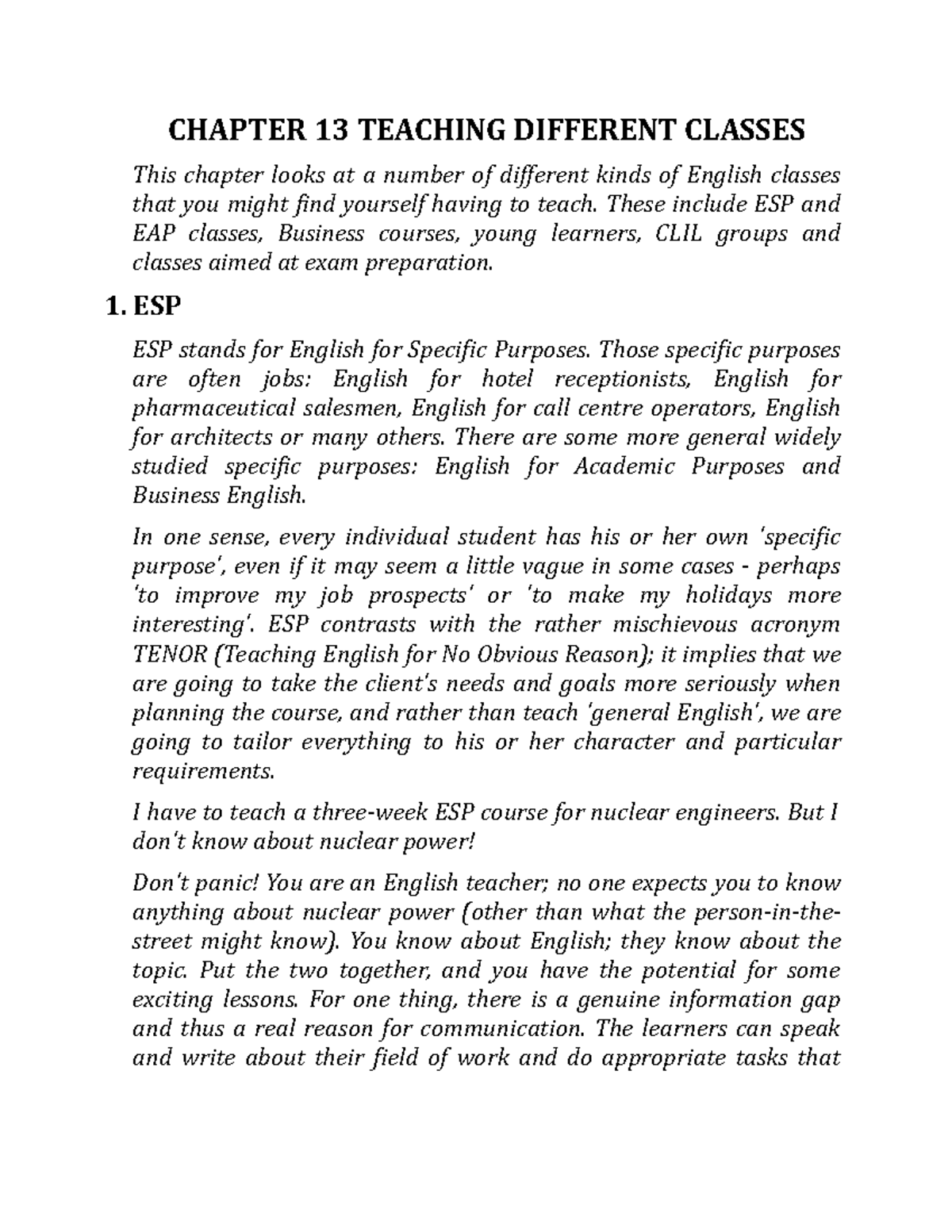 Chapter 13 - Teaching Different Types of English Classes - Studocu