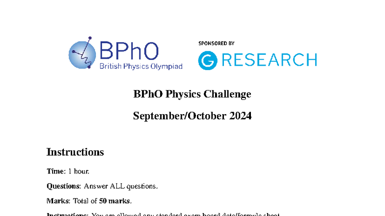 BPhO Physics Challenge 2024: Problem Solving Instructions - Studocu
