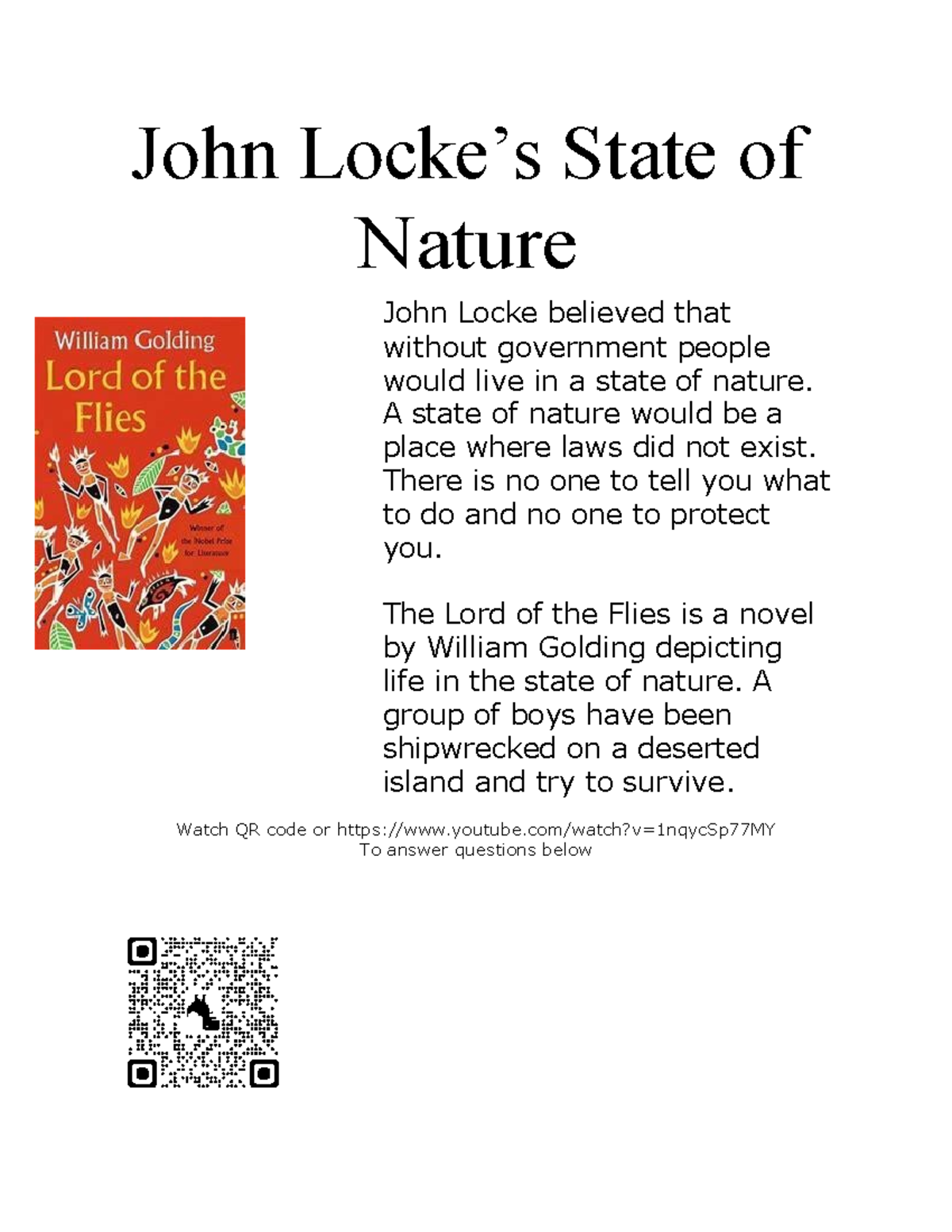 John Locke Lord of the Flies worksheet - John Locke’s State of Nature ...