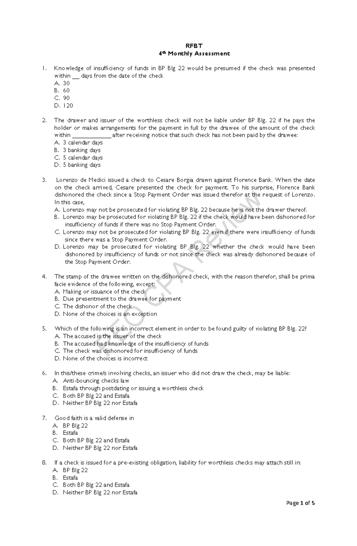 RFBT 4th Monthly Assessment on BP Blg 22, SSS, Labor Law & Bank Secrecy ...