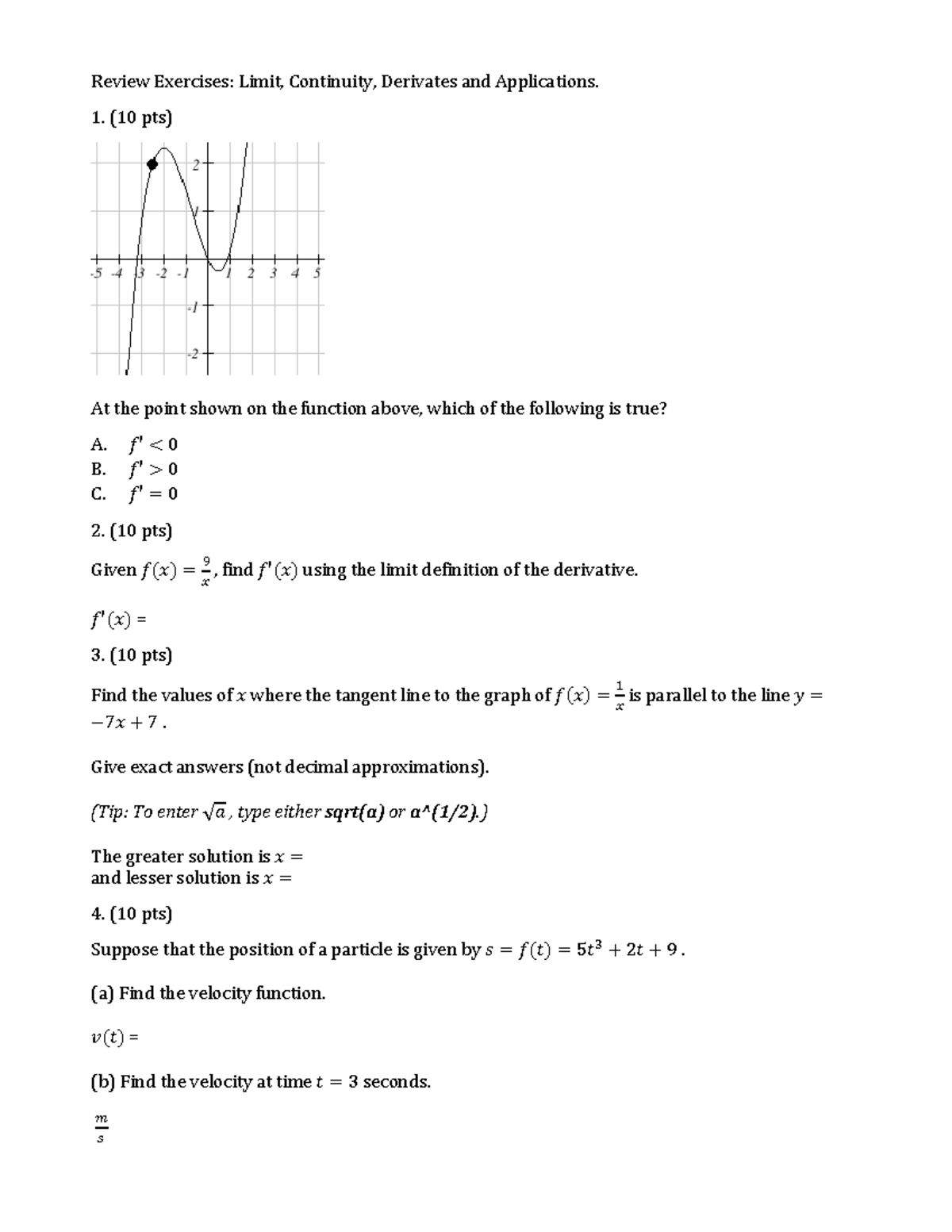 Limit, Continuity, Derivatives Review Exercises (Course Code) - Studocu