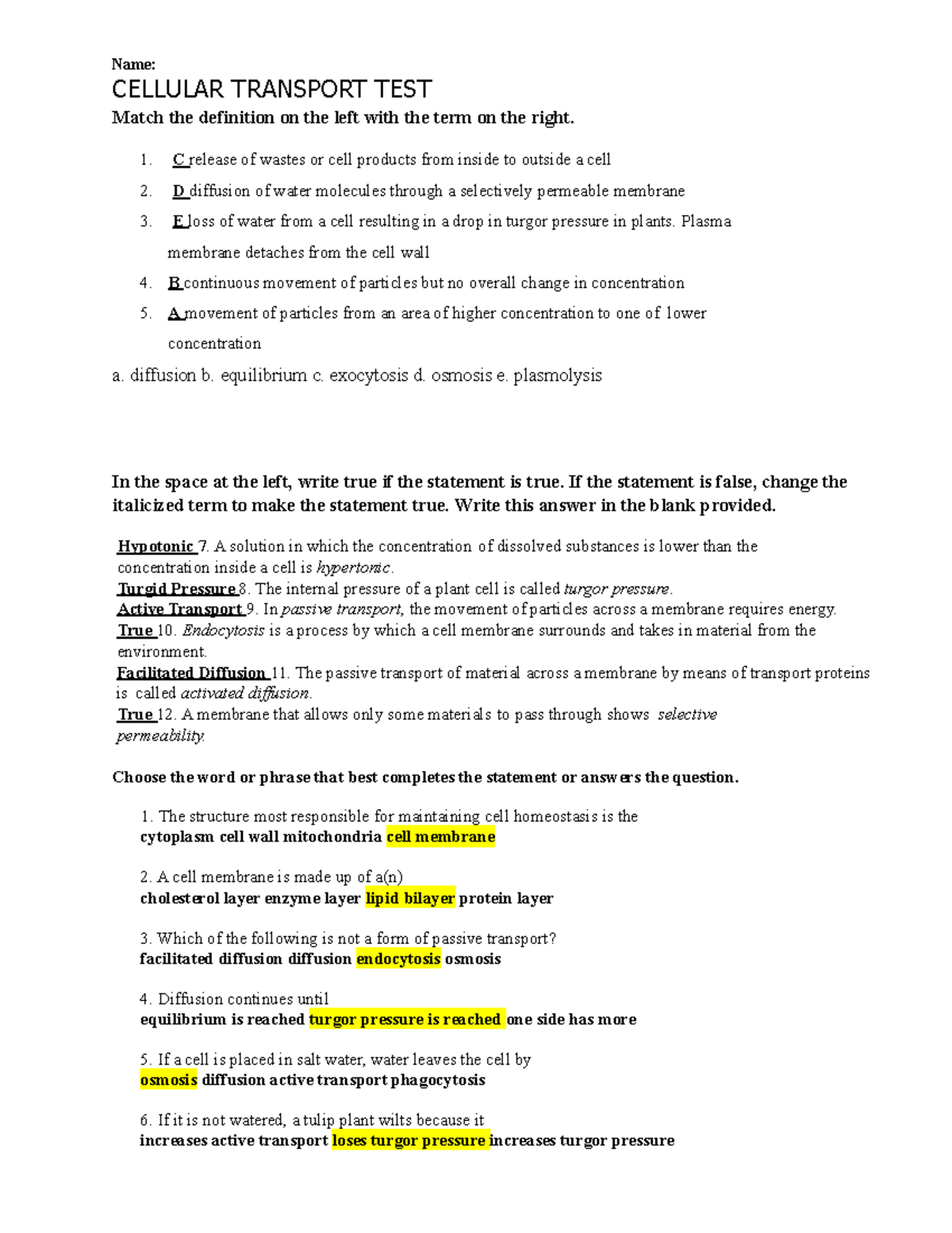 CELLULAR TRANSPORT TEST: Definitions & Key Concepts Review - Studocu