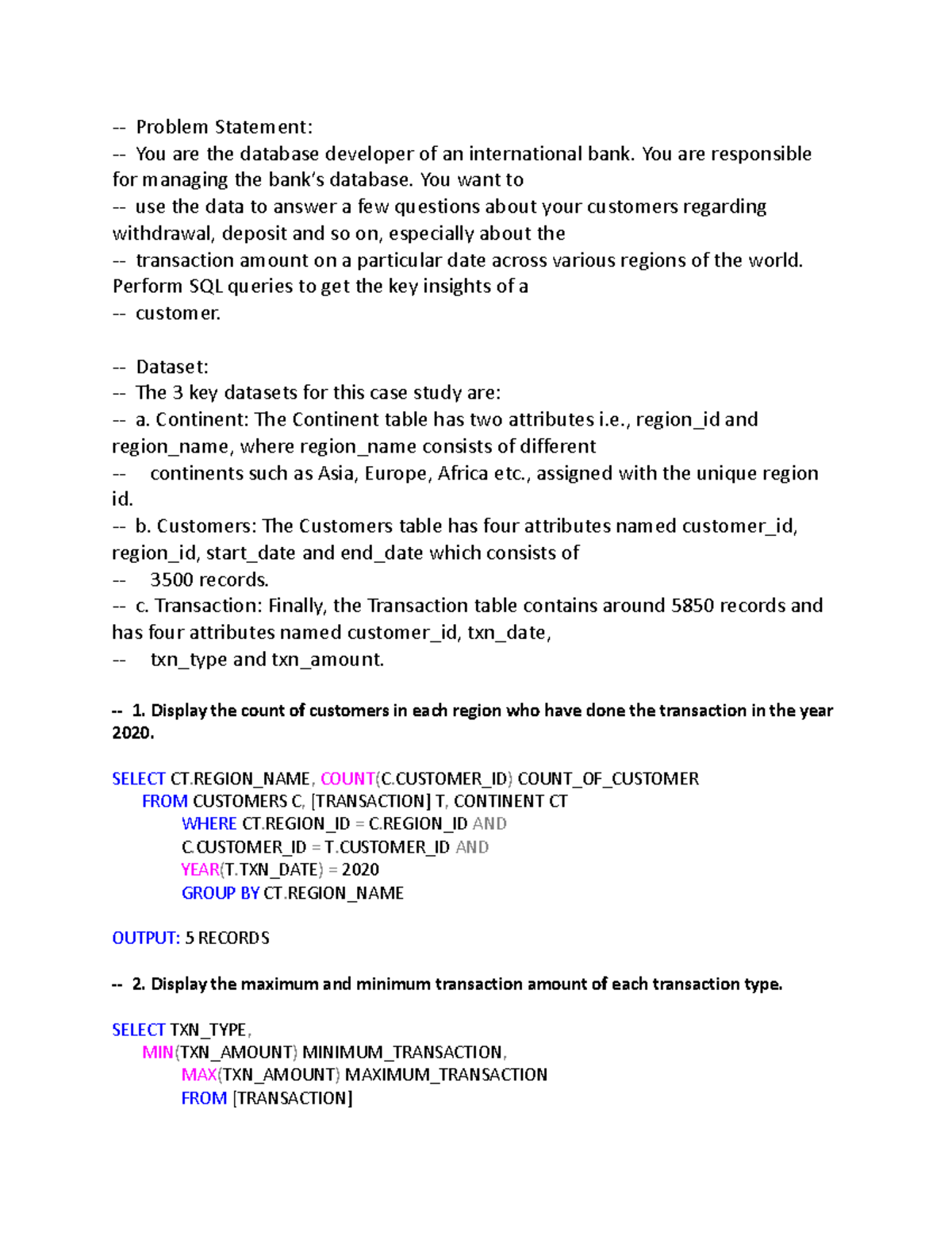 Case Study - SQL Queries for Customer Transactions Analysis - Studocu