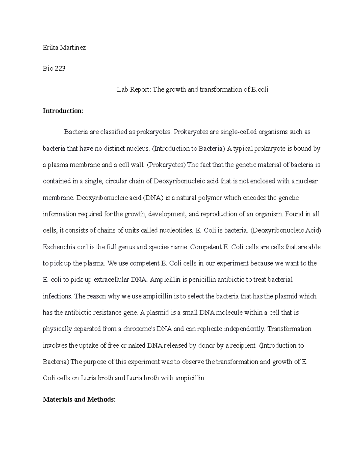 Bio 223 E.coli Lab Report: Observing Growth & Transformation Experiment - Studocu