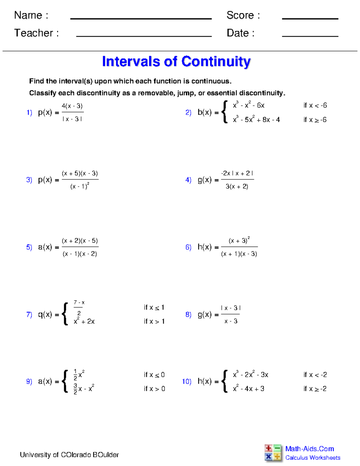 Calculus Worksheets: Intervals of Continuity Analysis (Calc 2) - Studocu