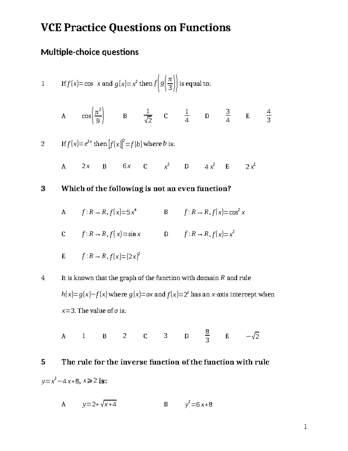 VCE Practice Questions on Functions - Comprehensive Review - Studocu