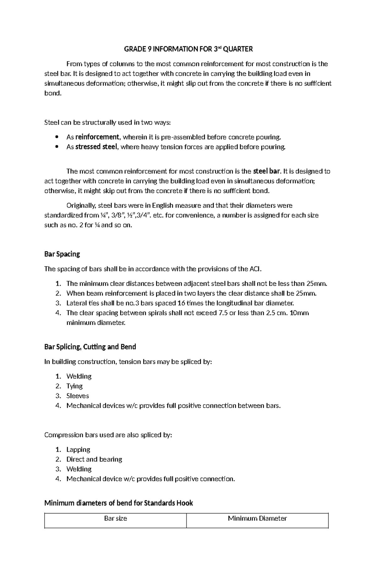 Grade 9 Construction Concepts: 3rd Quarter Overview - Studocu