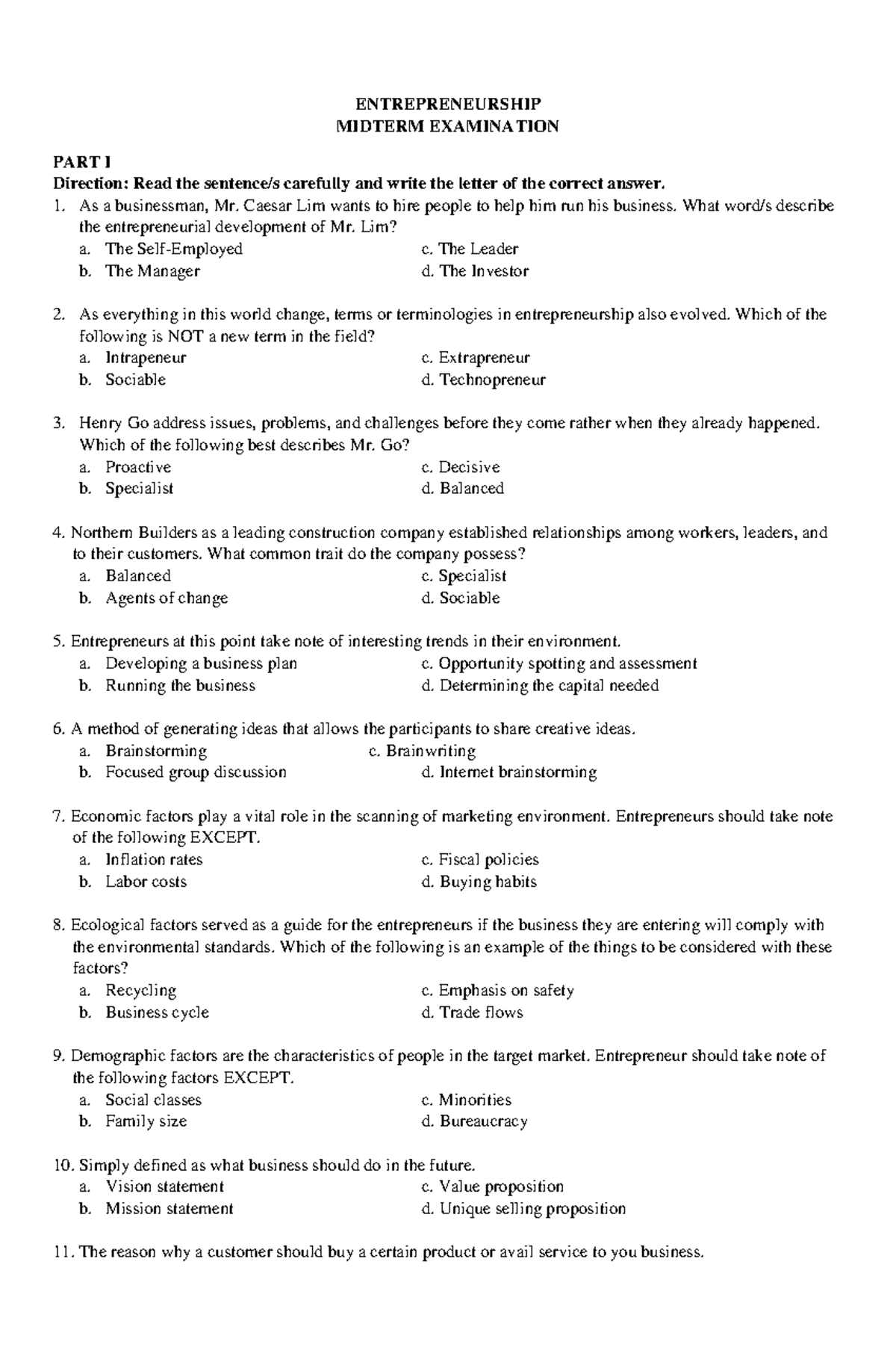 Entrepreneurship 101: Midterm Exam Questions and Answers (ENT-101 ...