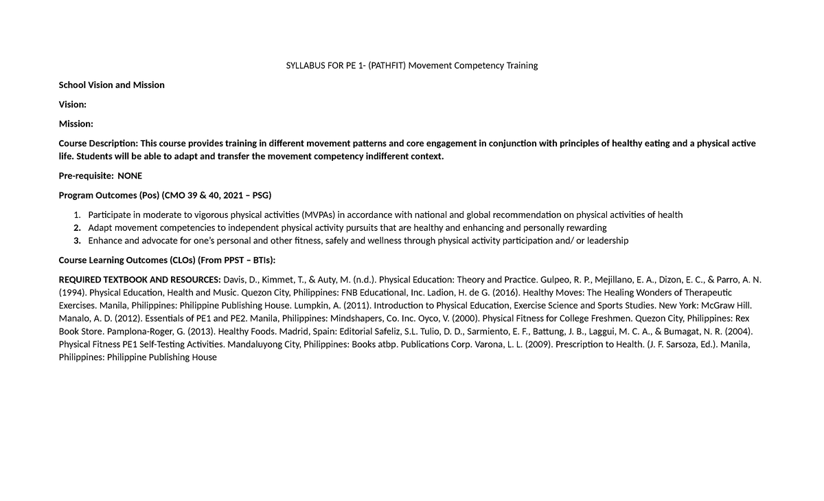 Syllabus for PE 1 - Pathfit: Movement Competency Training Overview ...