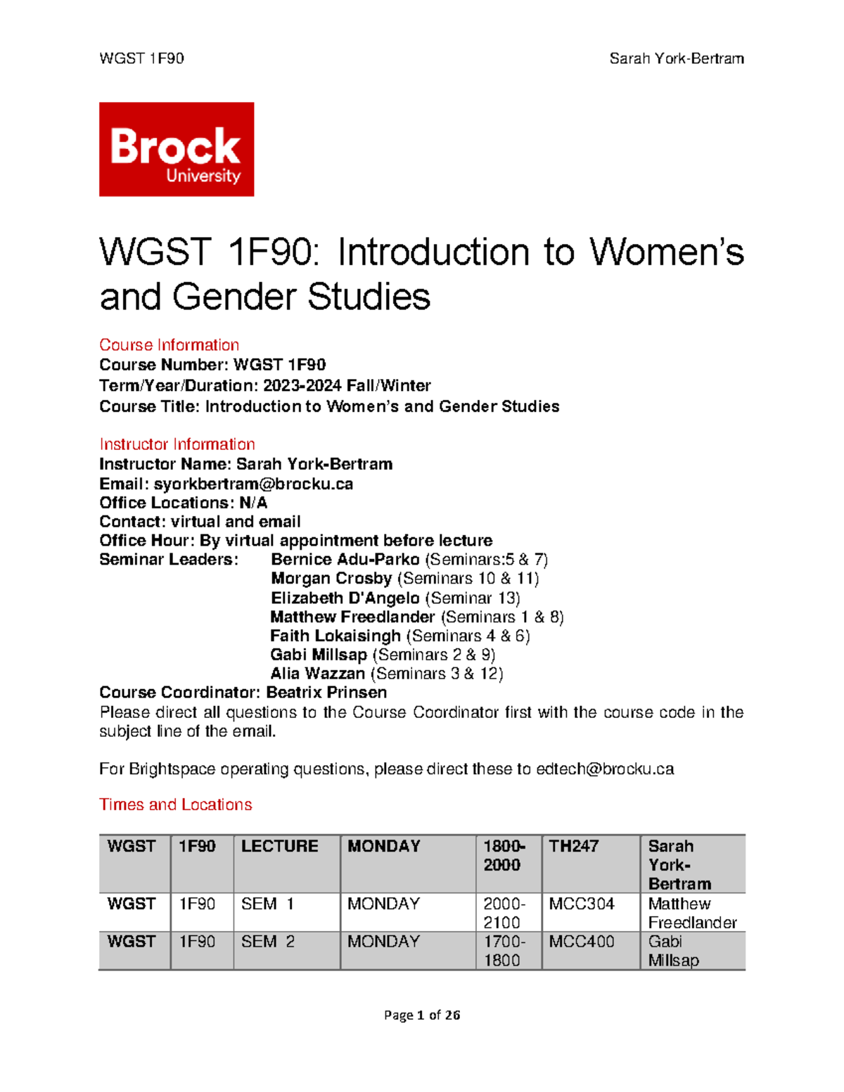 WGST 1F90 2023-2024 Course Syllabus and Instructor Information - Studocu