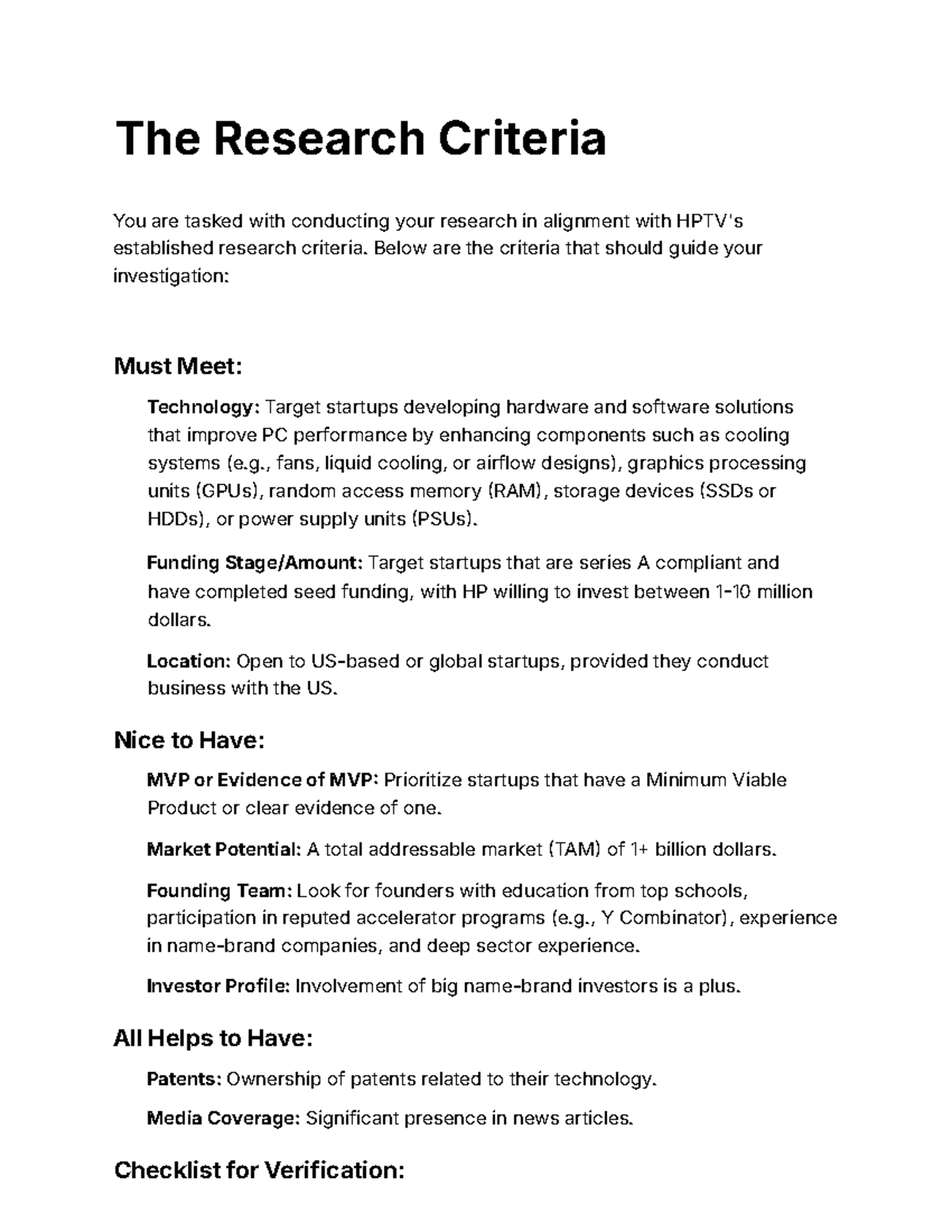 HPTV Research Criteria for Startup Evaluation and Investment - Studocu