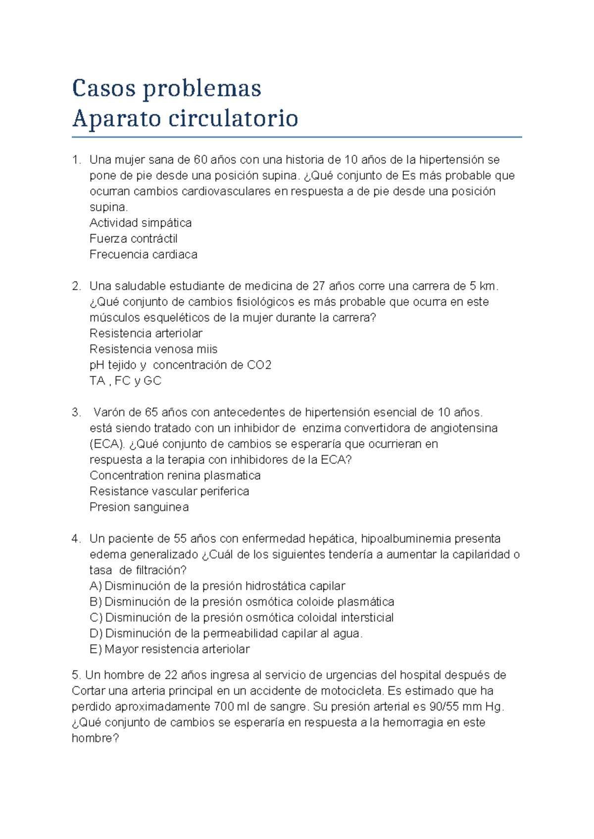 Casos de Problemas Circulatorios: Estudio Clínico y Ejercicios - Studocu