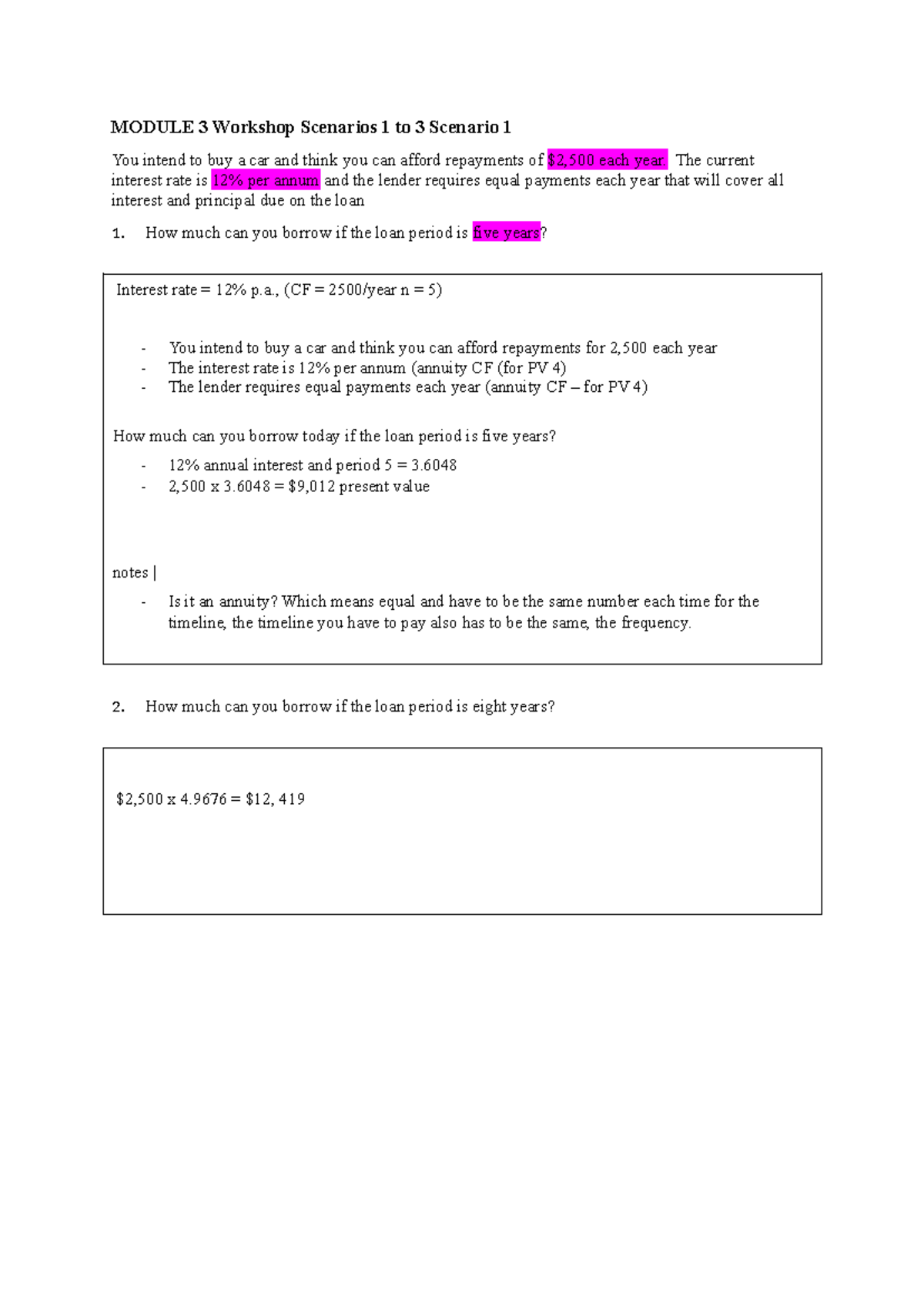 Module 3 Workshop: Car Loan Scenarios & Annuity Calculations - Studocu