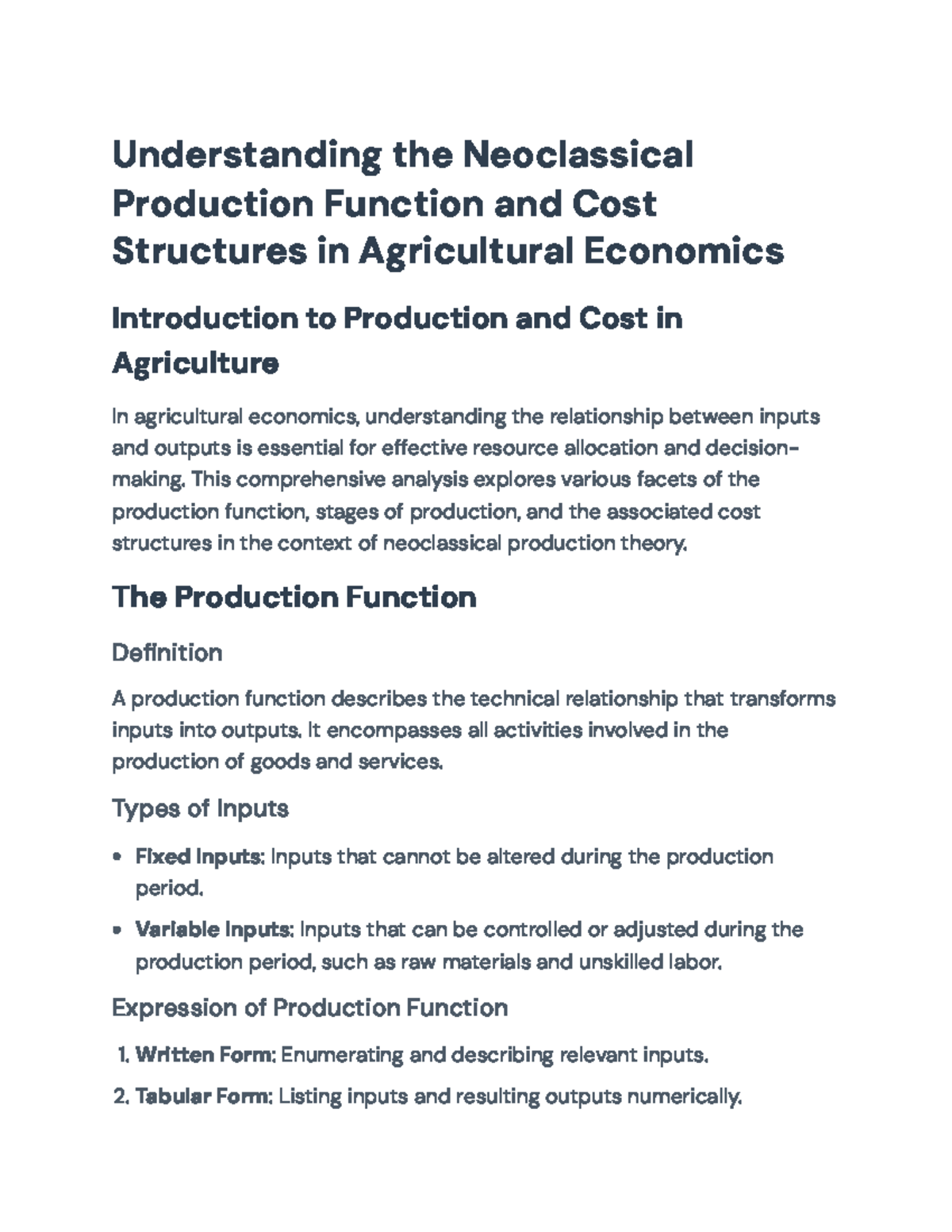 Neoclassical Production Function & Cost Structures in Agri-Econ ...