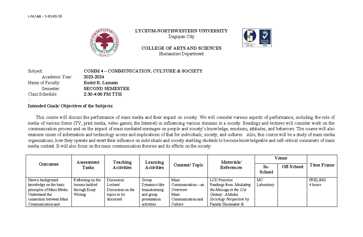 COMM 4: Communication, Culture & Society Course Overview and Objectives ...