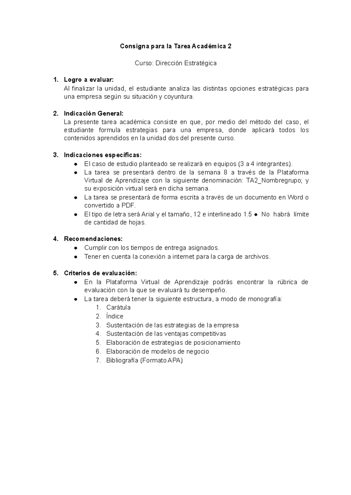 Consigna TA2 de dirección estratégica - Consigna para la Tarea ...