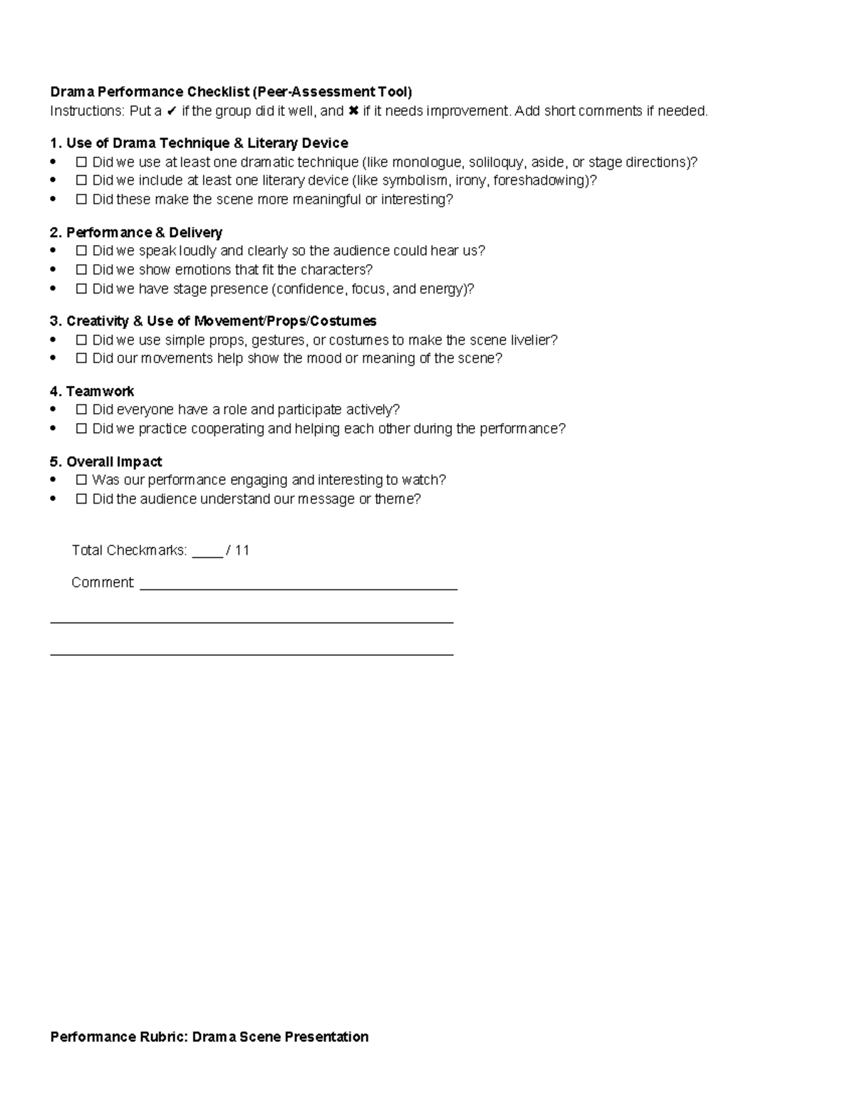 Drama Performance Checklist Tool: Evaluation & Feedback - Studocu