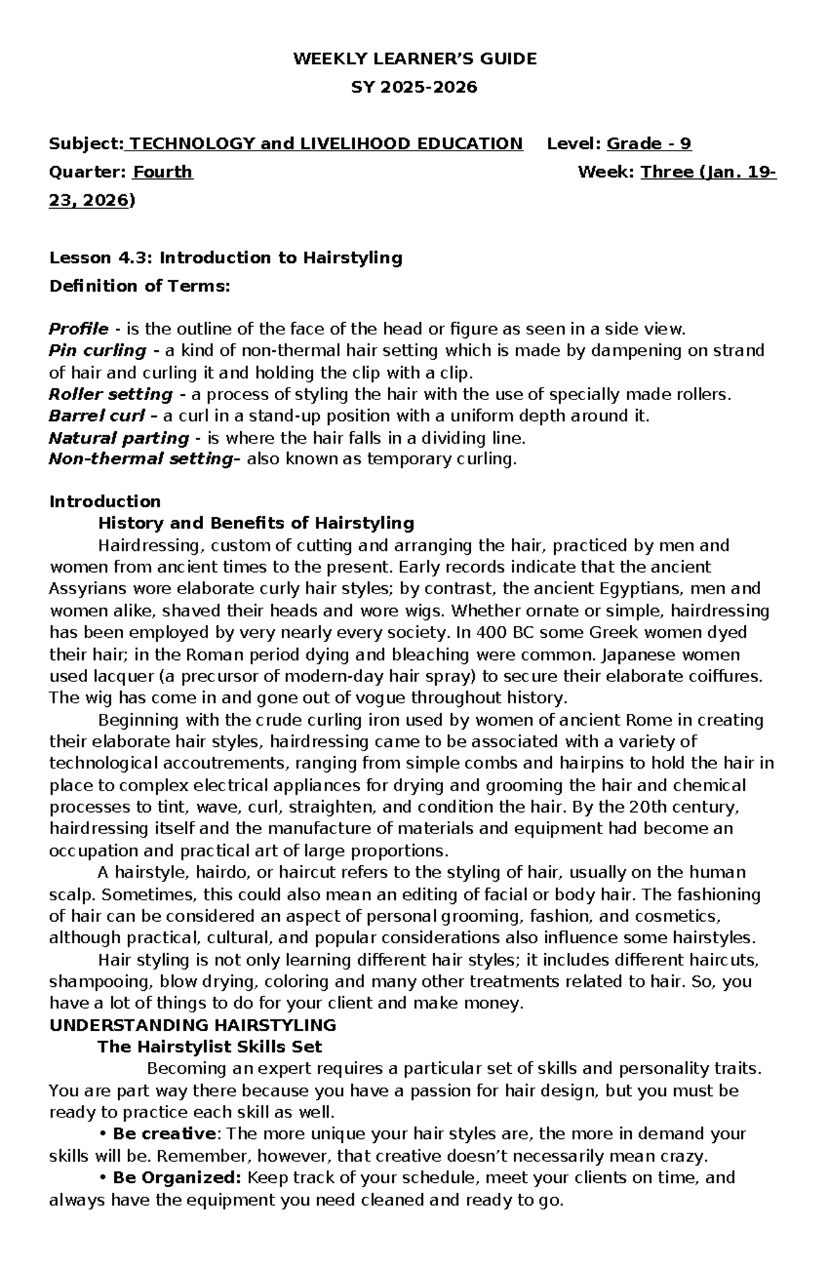 Grade 9 TLE: Weekly Guide on Hairstyling Techniques and Principles ...