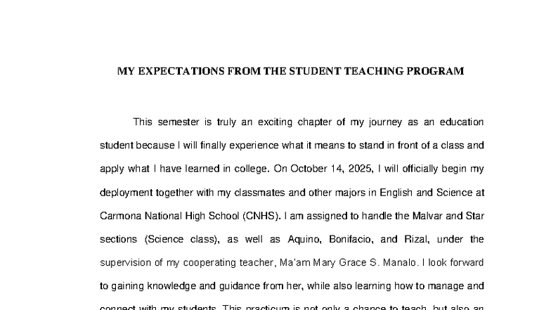 MY Expectations for the Student Teaching Program (EDU 101) - Studocu