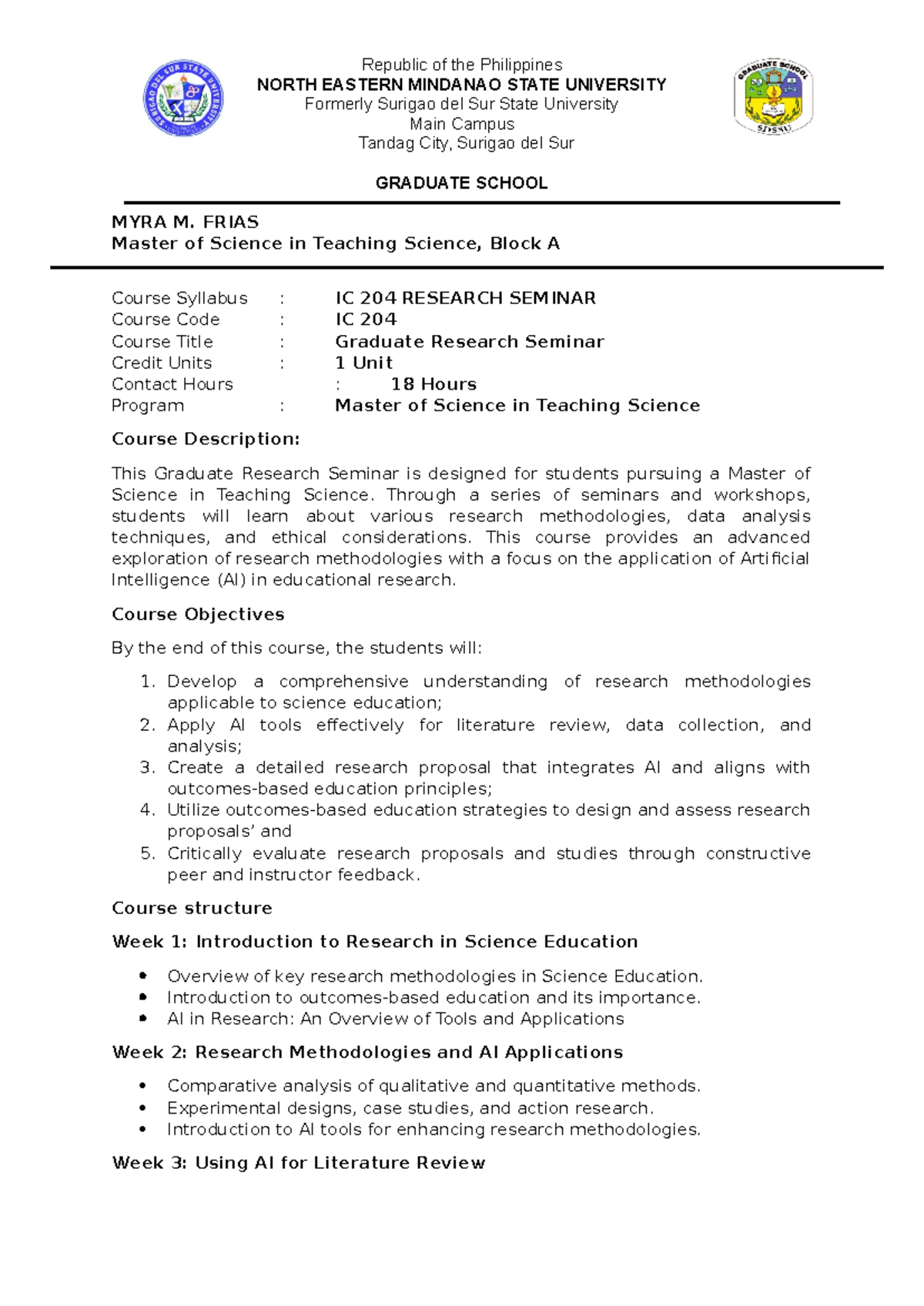 IC 204 Graduate Research Seminar Syllabus by Myra M. Frias - Studocu