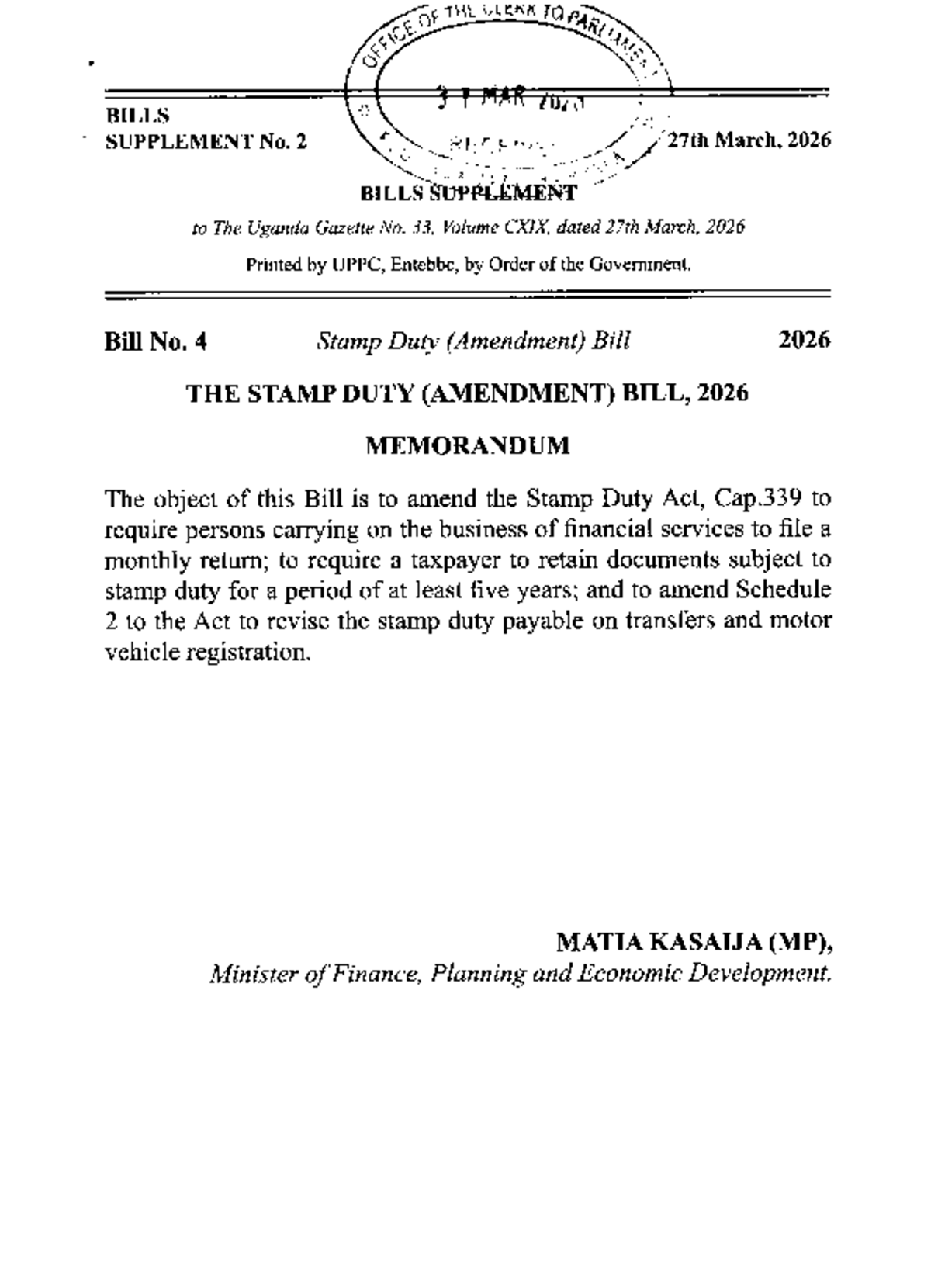 Stamp Duty (Amendment) Bill 2026 - Supplement No. 2 - Studocu