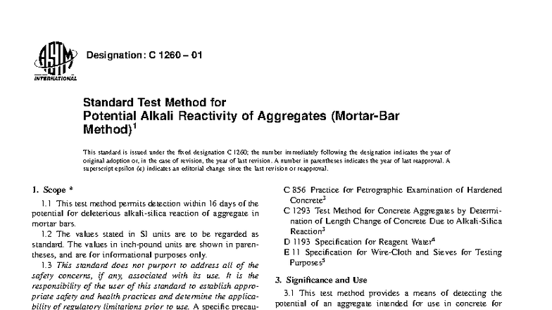 C 1260 Standard Test Method for Alkali Reactivity of Aggregates - Studocu