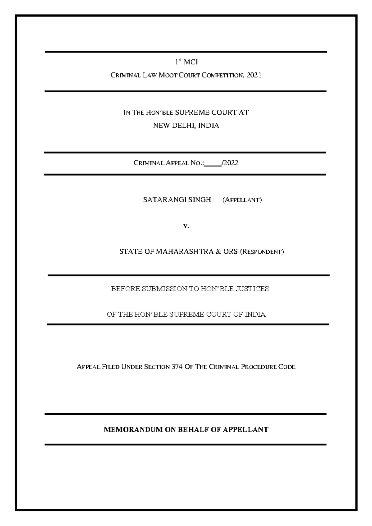 Moot - sample moot memo - I N THE HON’BLE SUPREME COURT OF I NDIA SLP ...