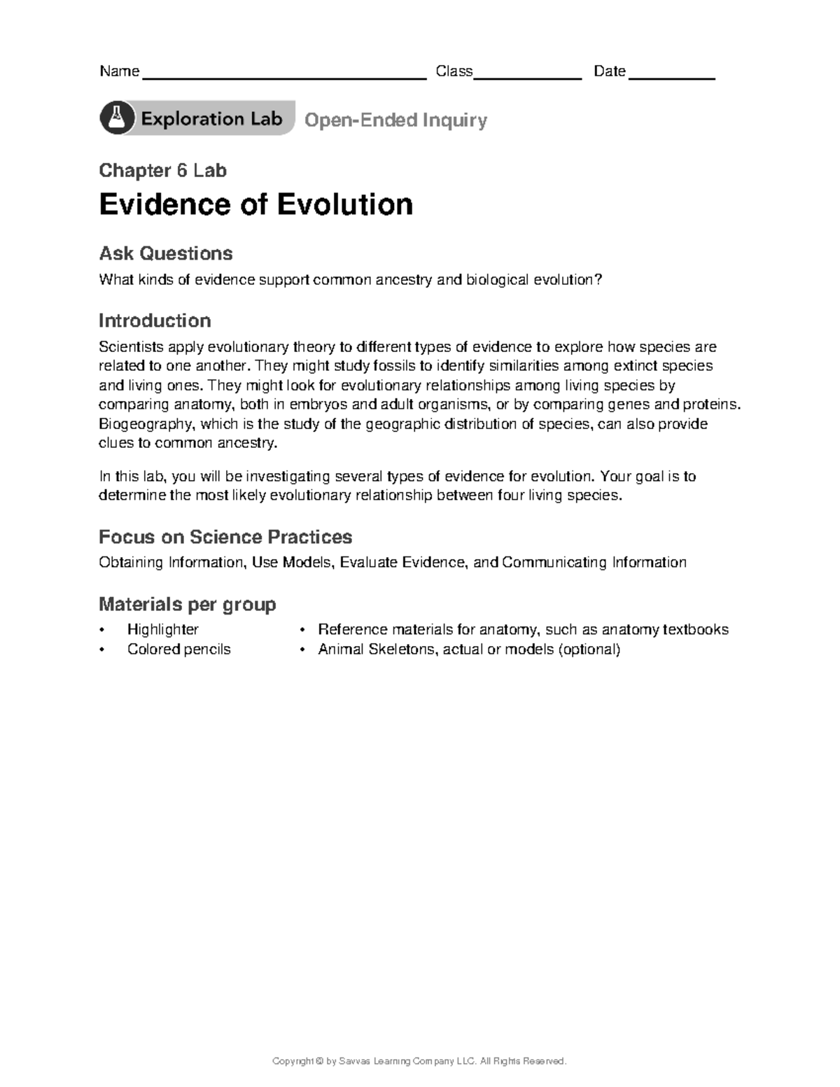 Exploration Lab Evidence of Evolution - Open-Ended Inquiry Chapter 6 Lab Evidence of Evolution ...