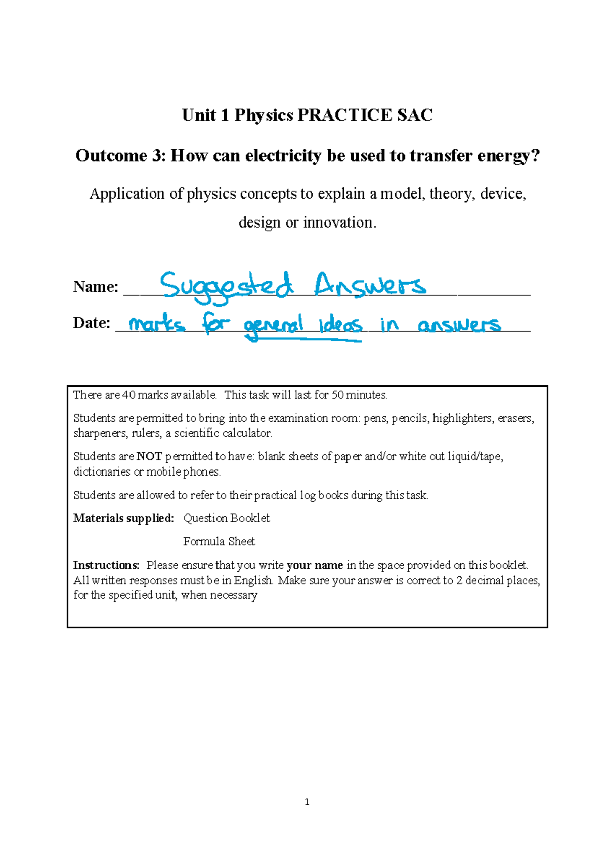 AOS 3 Practice SAC 1: Electricity and Energy Transfer in Physics - Studocu